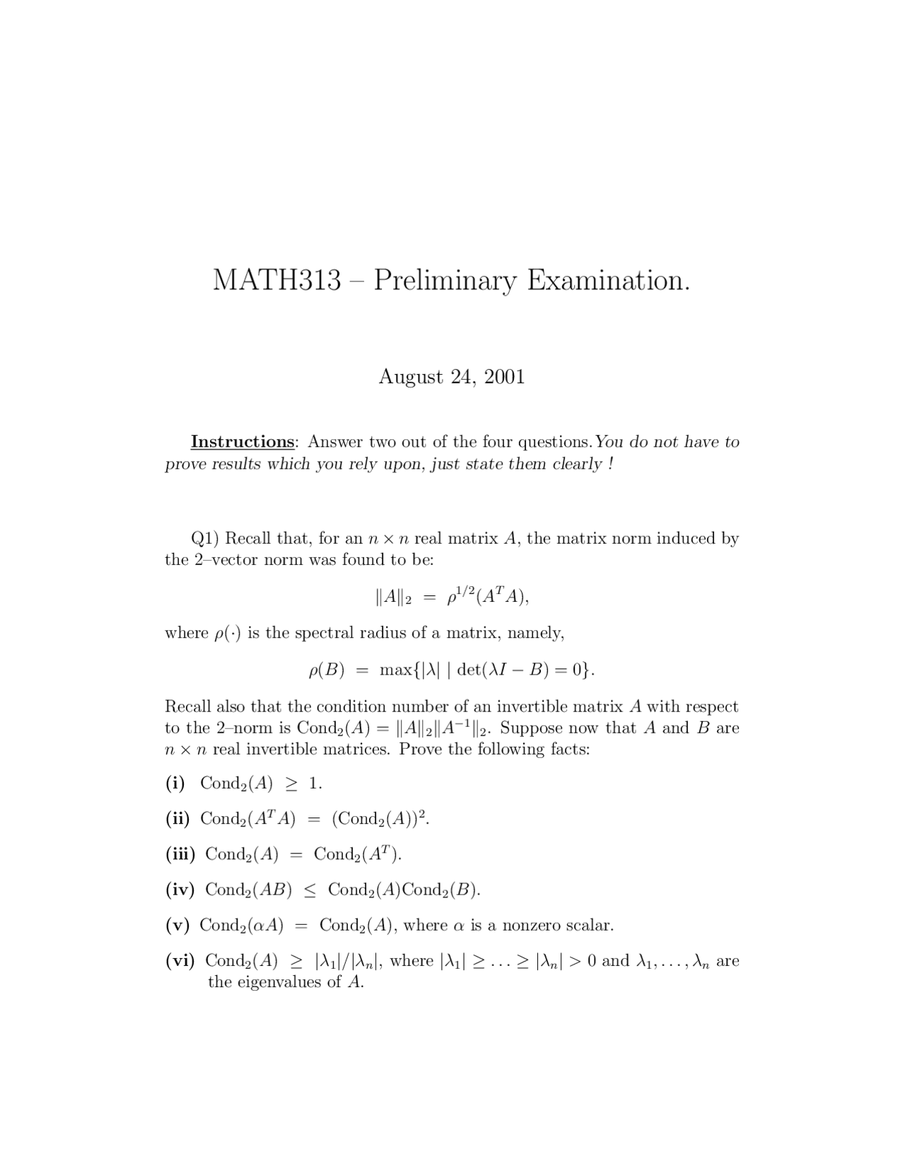 Real Matrix Numerical Analysis Exam Docsity