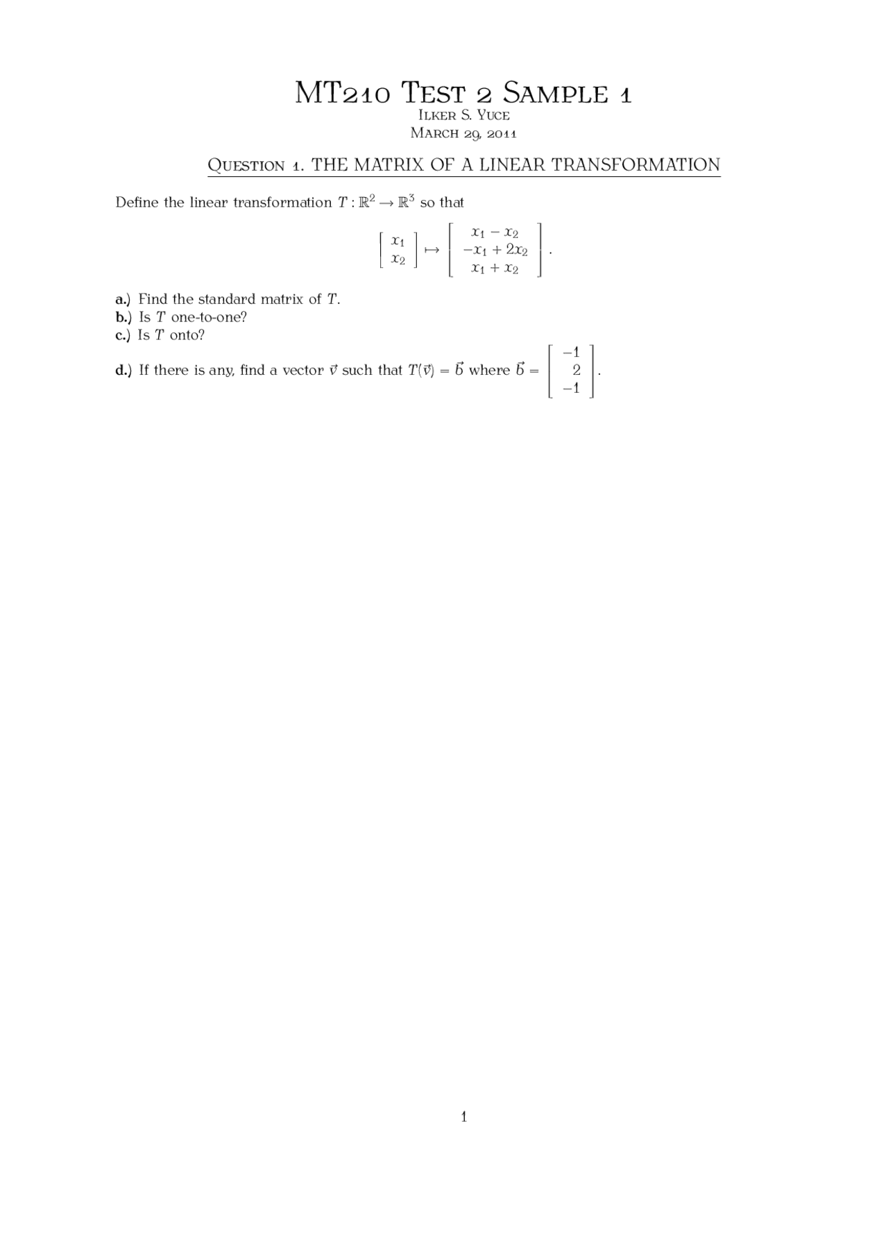 Standard Matrix Linear Algebra Exam Docsity