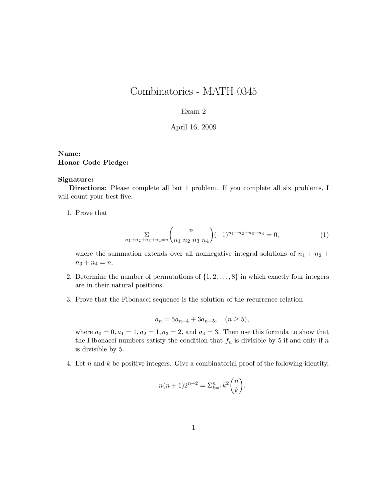 Summation Extends Combinatorics Exam Docsity