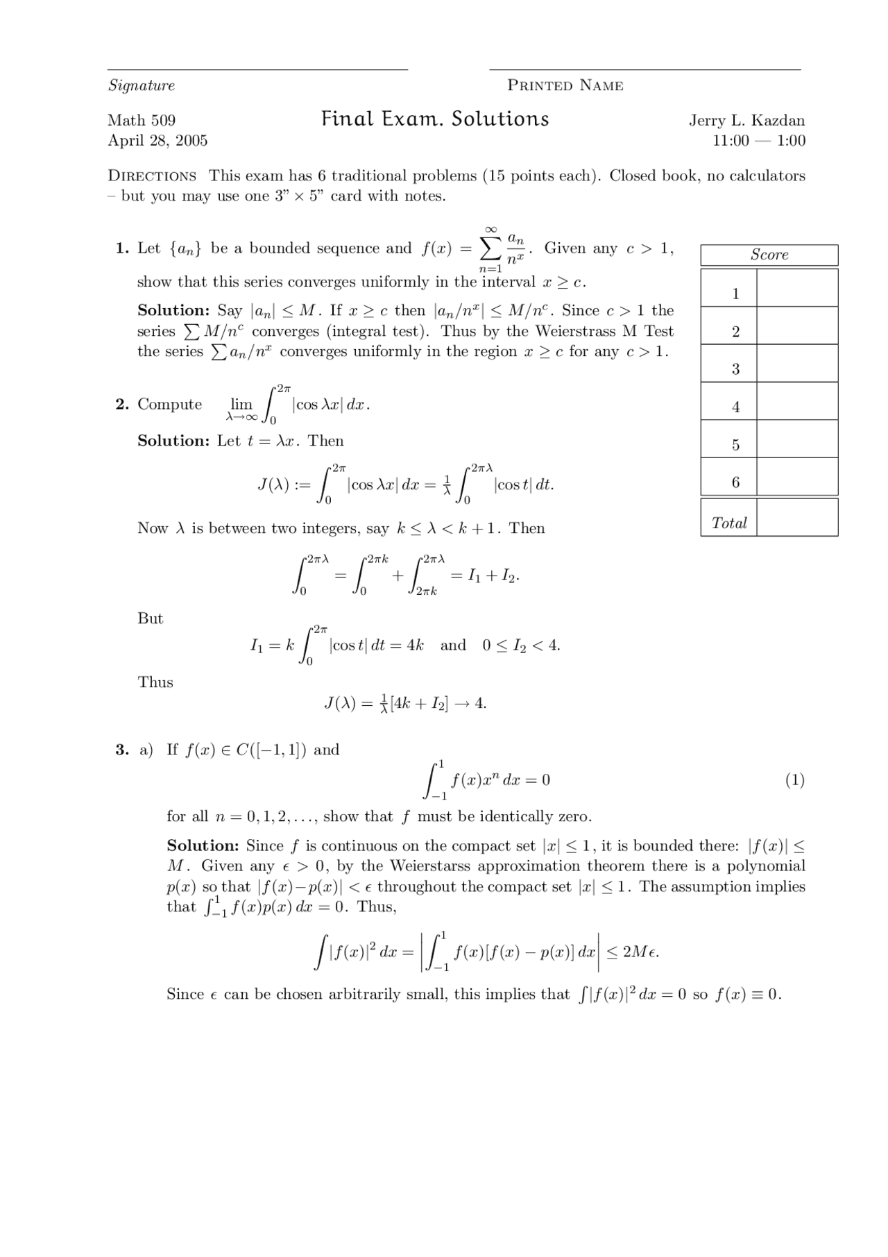 Converges Uniformly Advanced Analysis Solved Exam Docsity