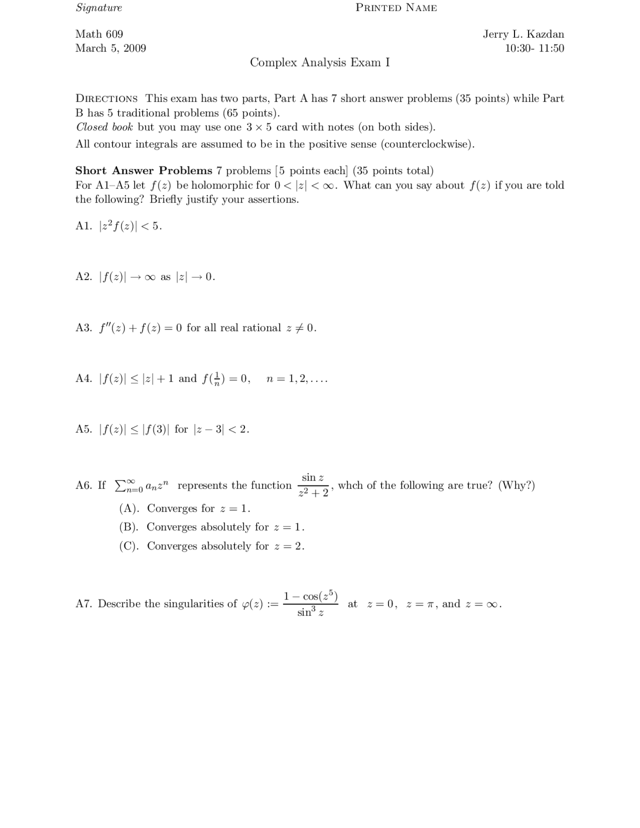 Traditional Problems Complex Analysis Exam Docsity