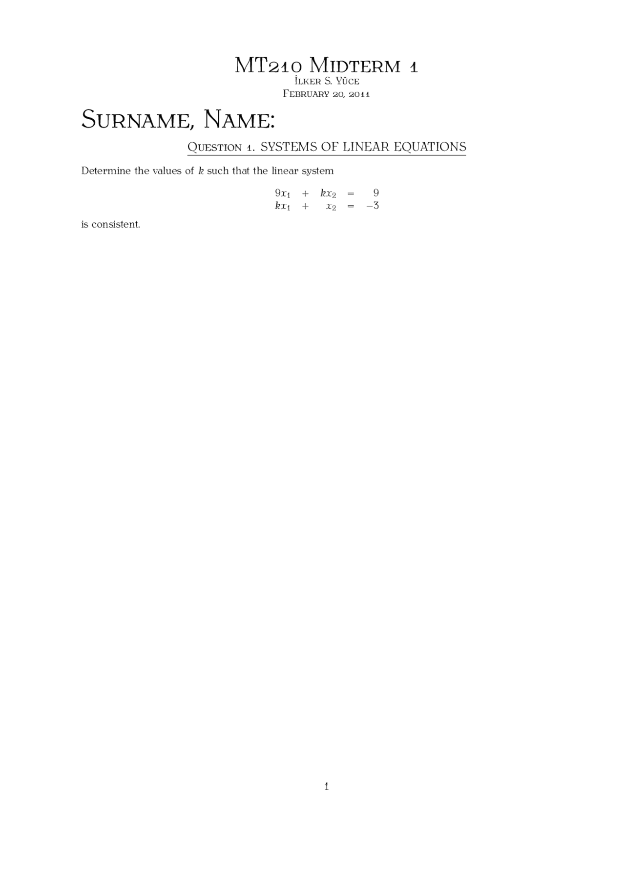 Linear Equation Linear Algebra Exam Docsity