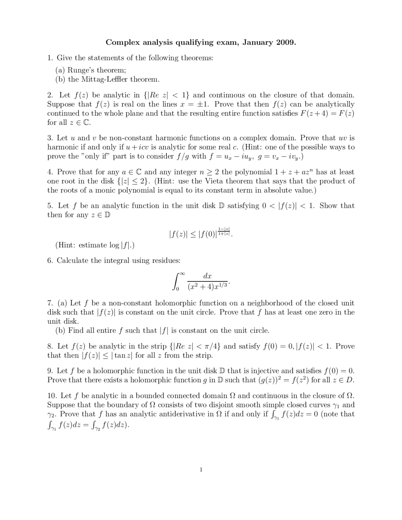 Mittag Leffler Theorem - Complex Analysis - Exam - Docsity