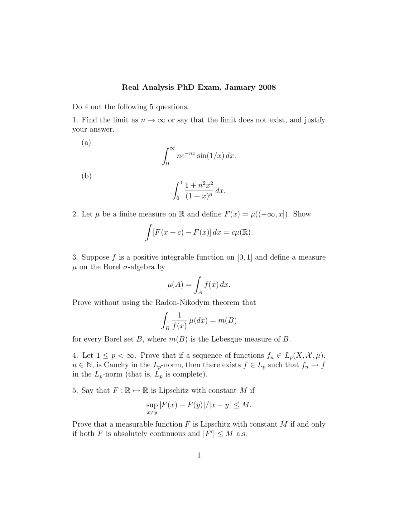 Limit Real Analysis Exam Docsity