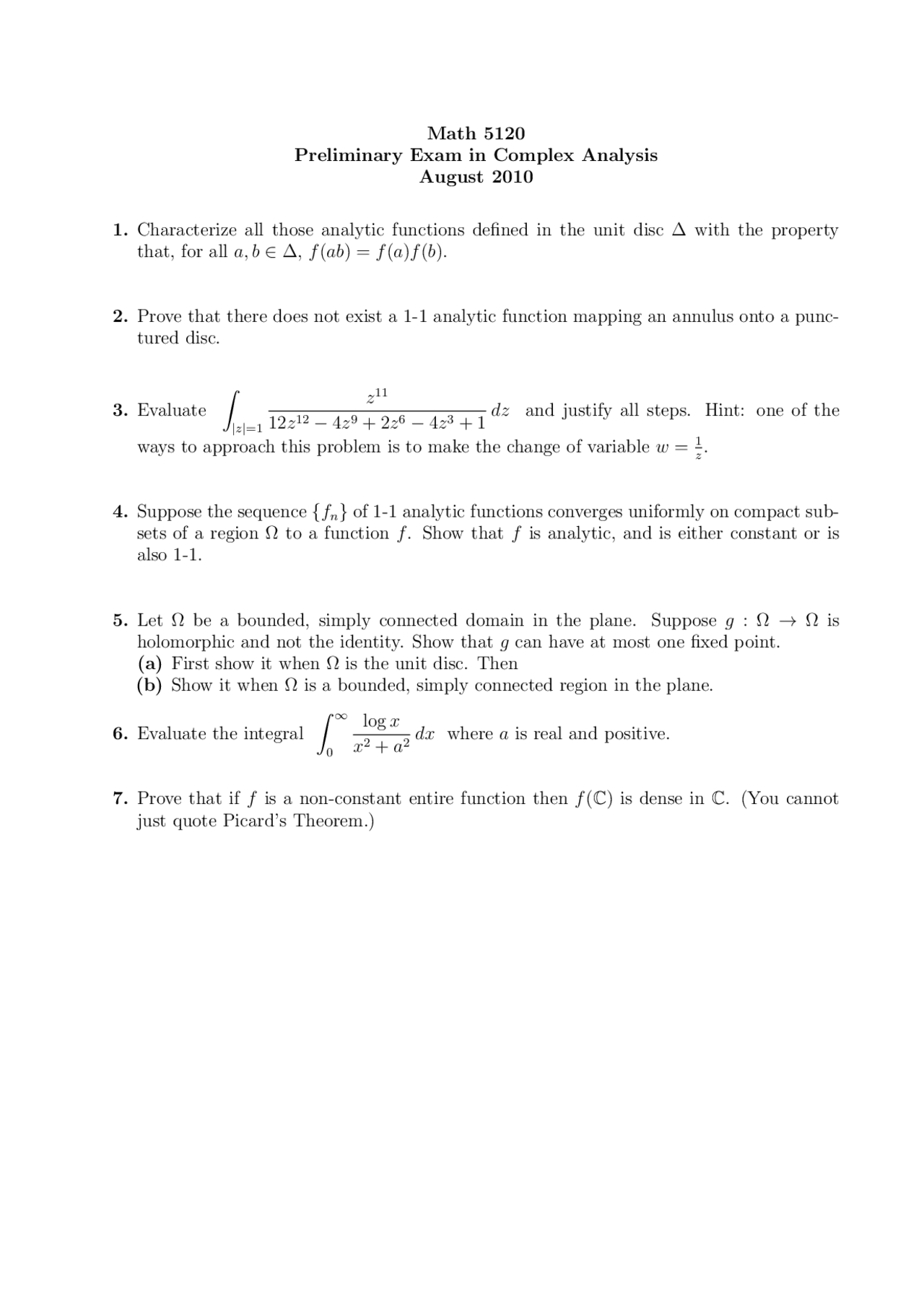 Analytic Functions Complex Analysis Exam Examens Mathématiques