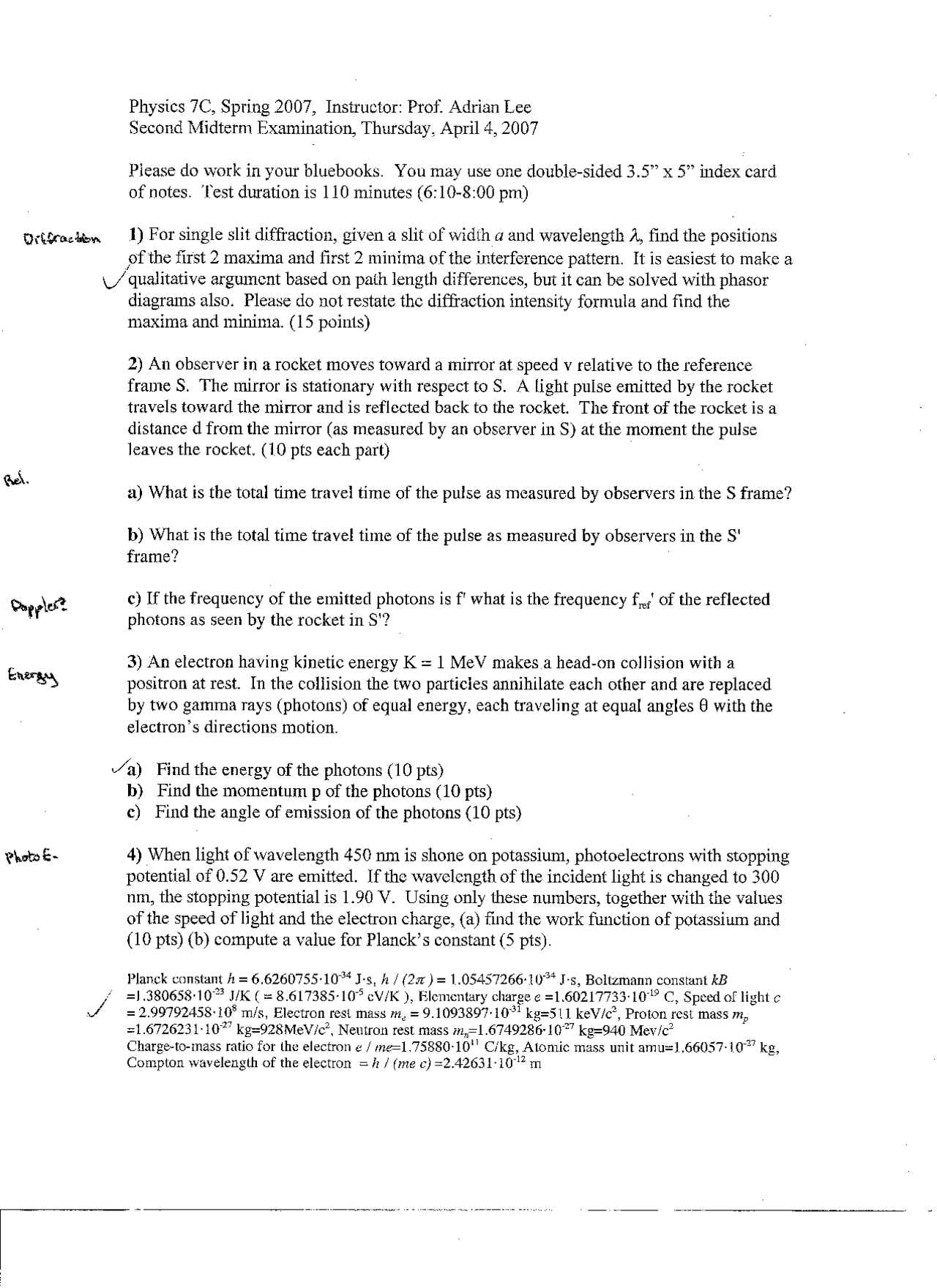 Path Lenght Differences - Physics for Scientist and Engineers - Past Paper - Docsity