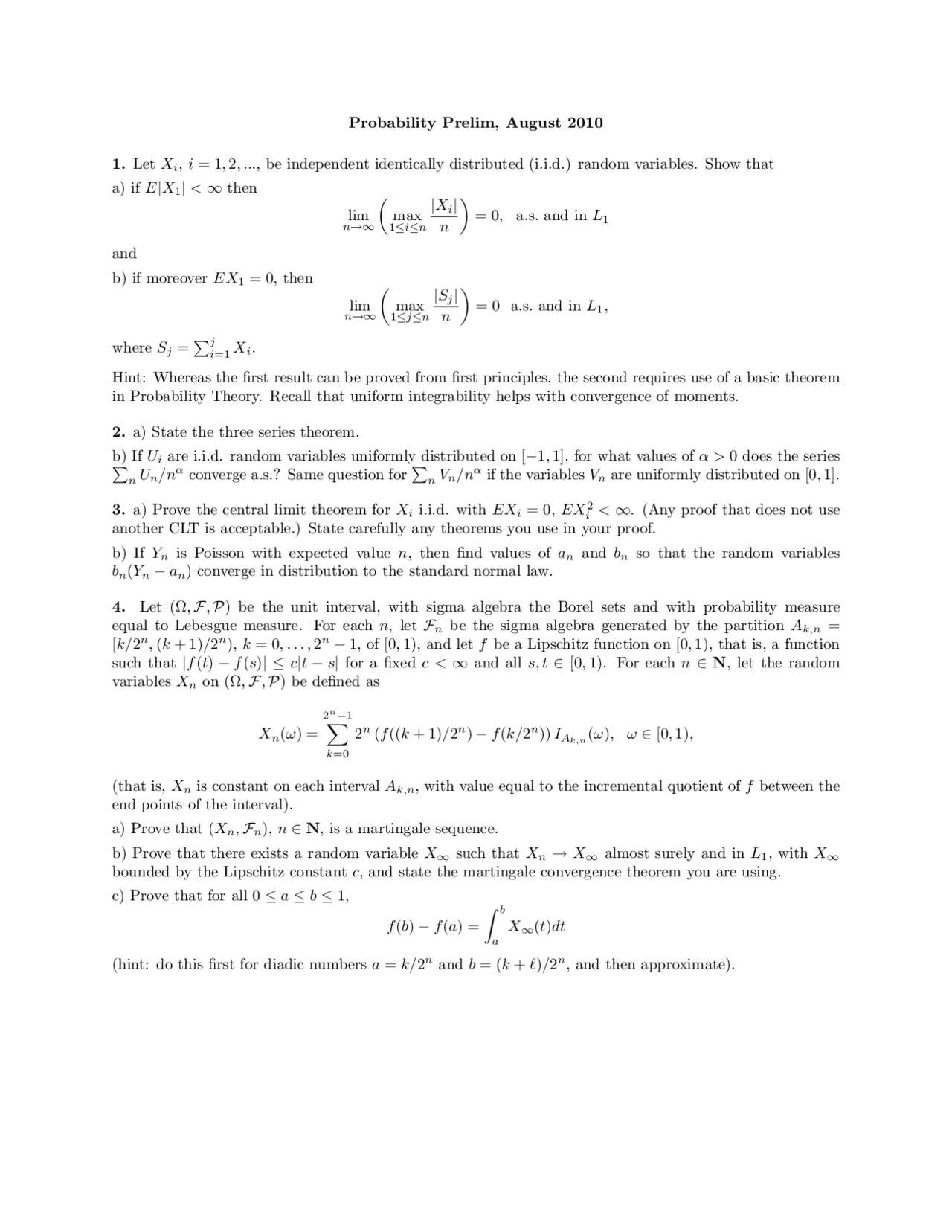 Uniform Integrability - Probability - Exam - Docsity