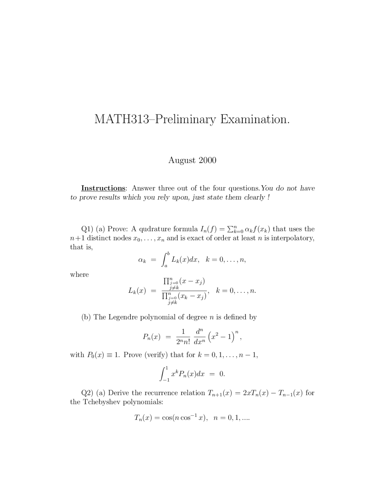 Qudrature Formula Numerical Analysis Exam Docsity