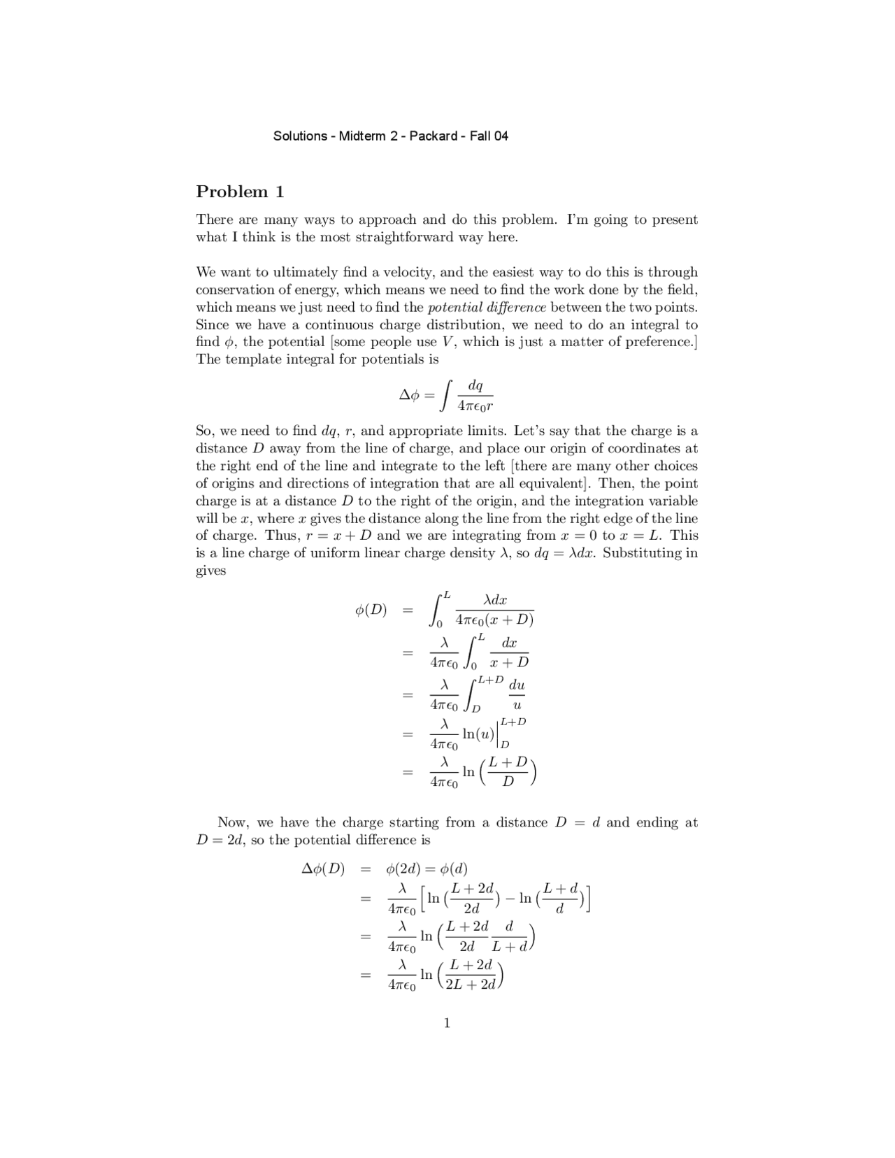 Uniform Linear Charge Density - Physics for Scientist and Engineers - Solved Past Paper - Docsity