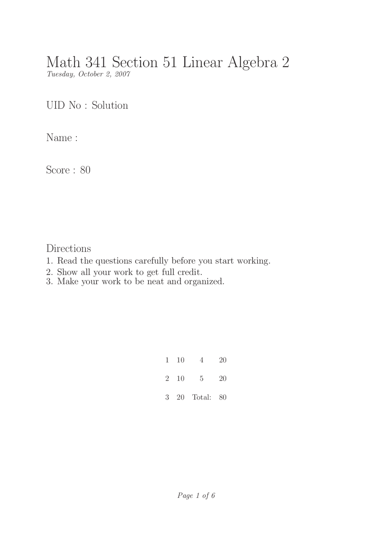 Solution Linear Algebra Exam Docsity