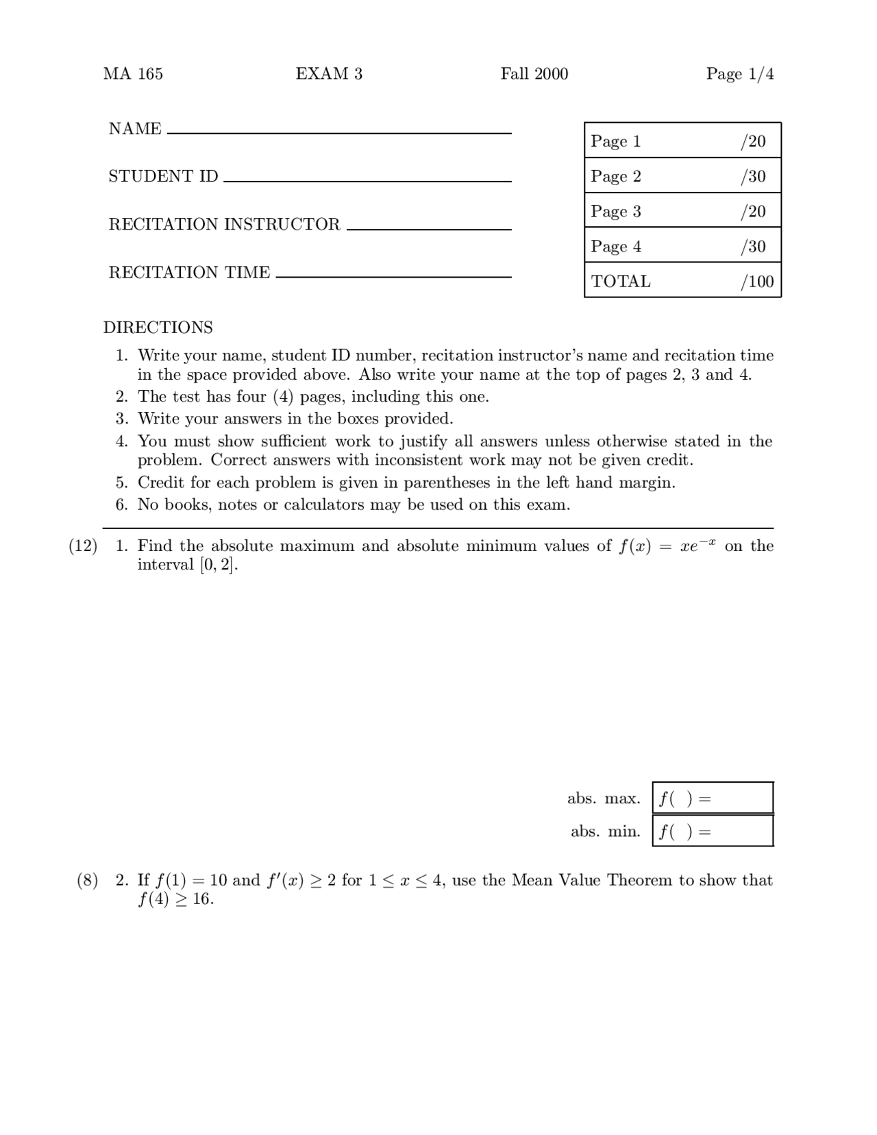 Absolute Maximum - Analytic Geometry and Calculus - Exam | Exams Analytical Geometry and ...