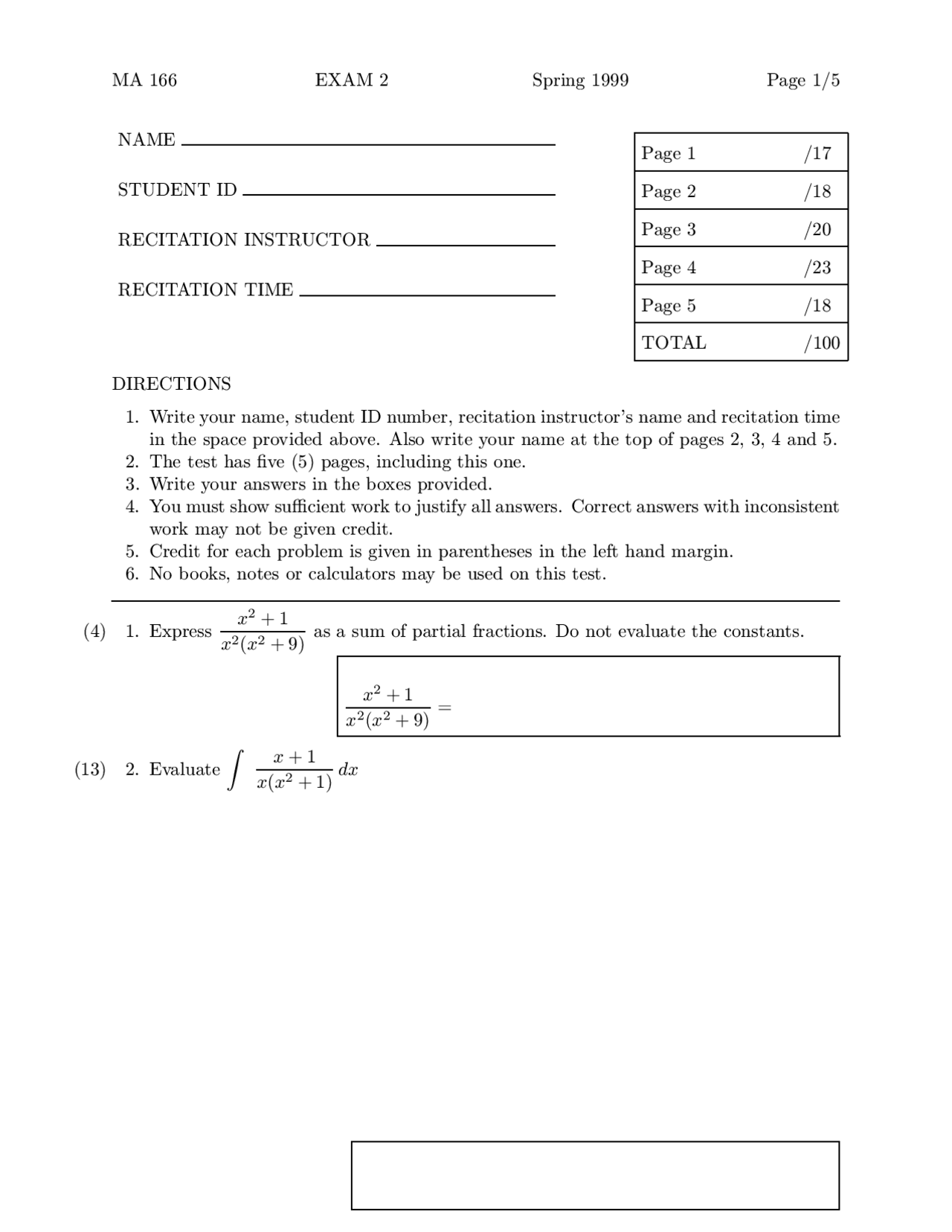 Partial Fractions Analytic Geometry And Calculus Exam Docsity