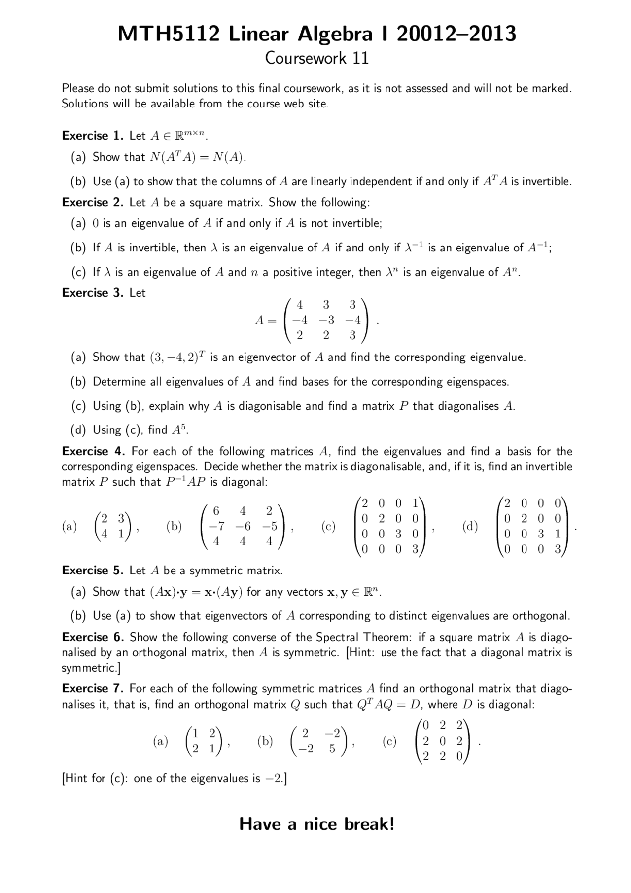 Square Matrix Linear Algebra Exercise Docsity
