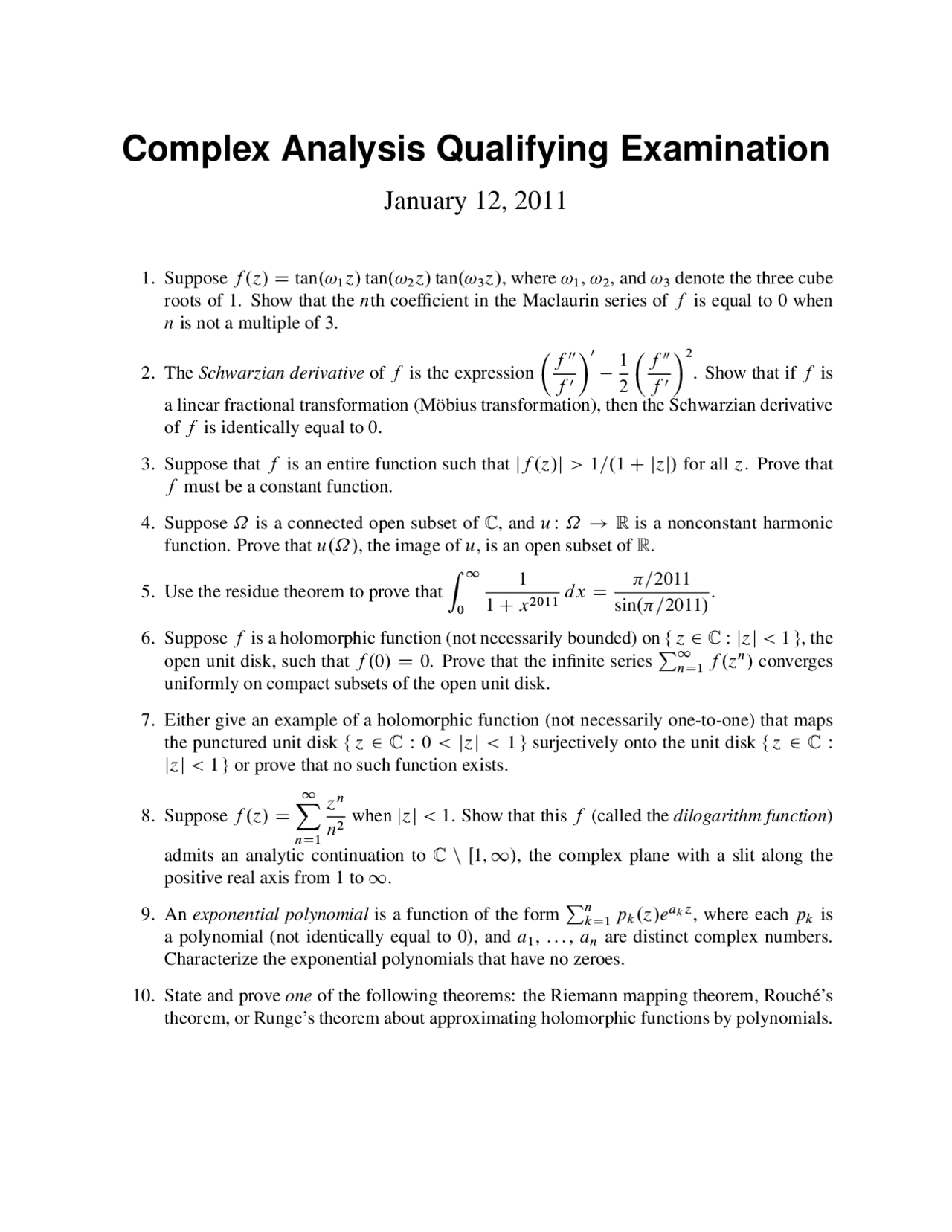 Maclaurin Series Complex Analysis Exam Docsity