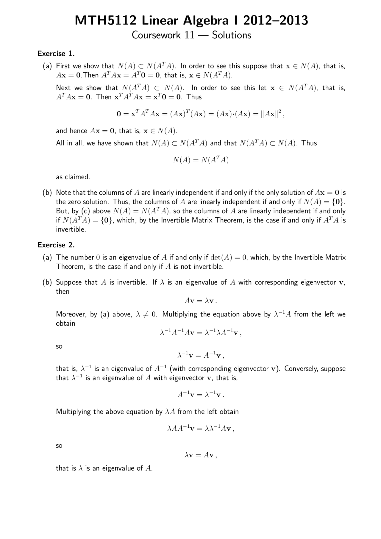 Square Matrix Linear Algebra Solved Exercise Docsity