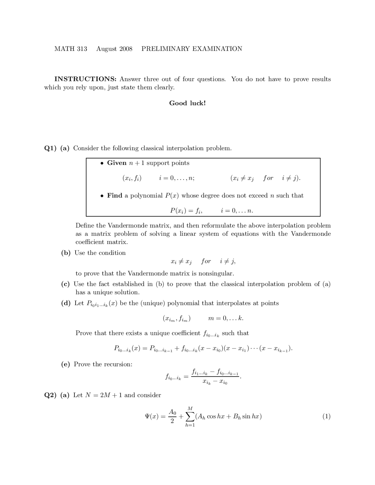 Classical Interpolation Numerical Analysis Exam Docsity
