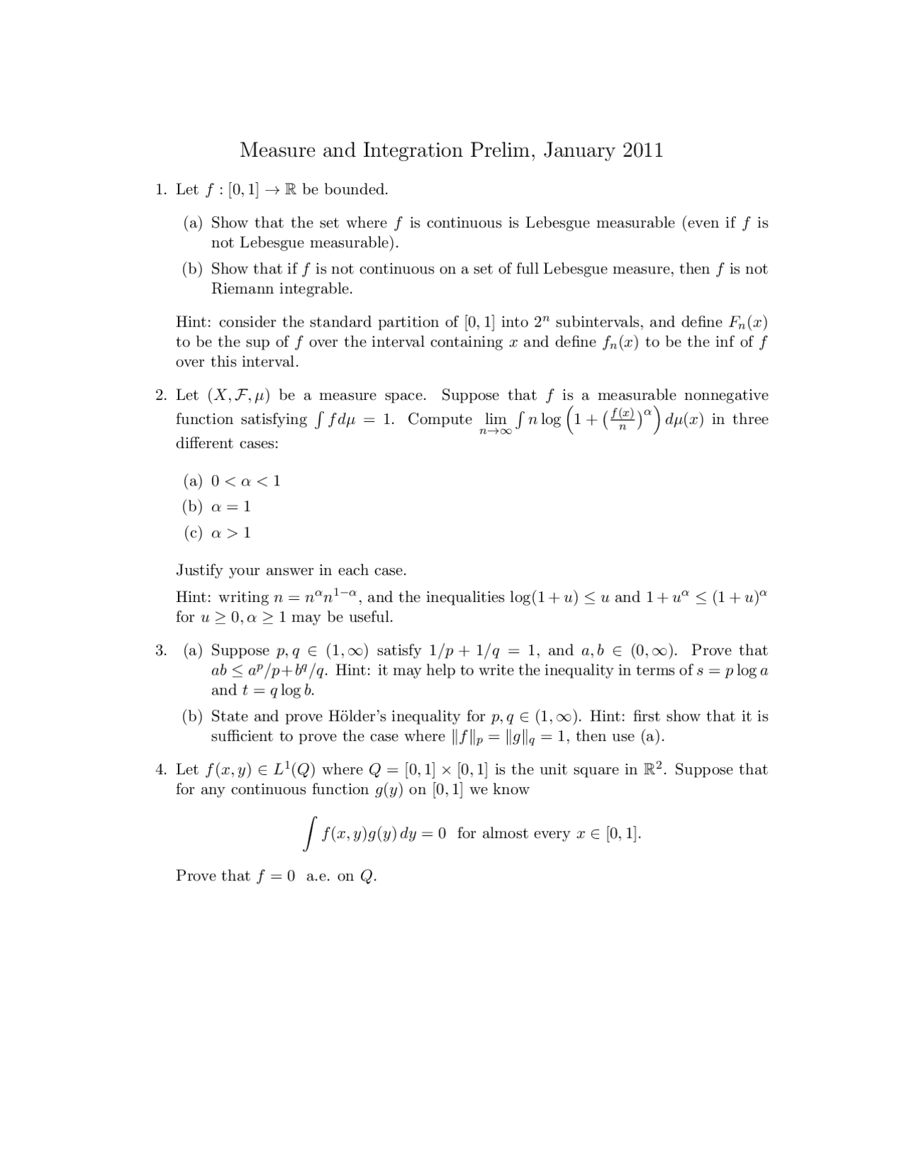 Riemann Integrable Real Analysis Exam Docsity