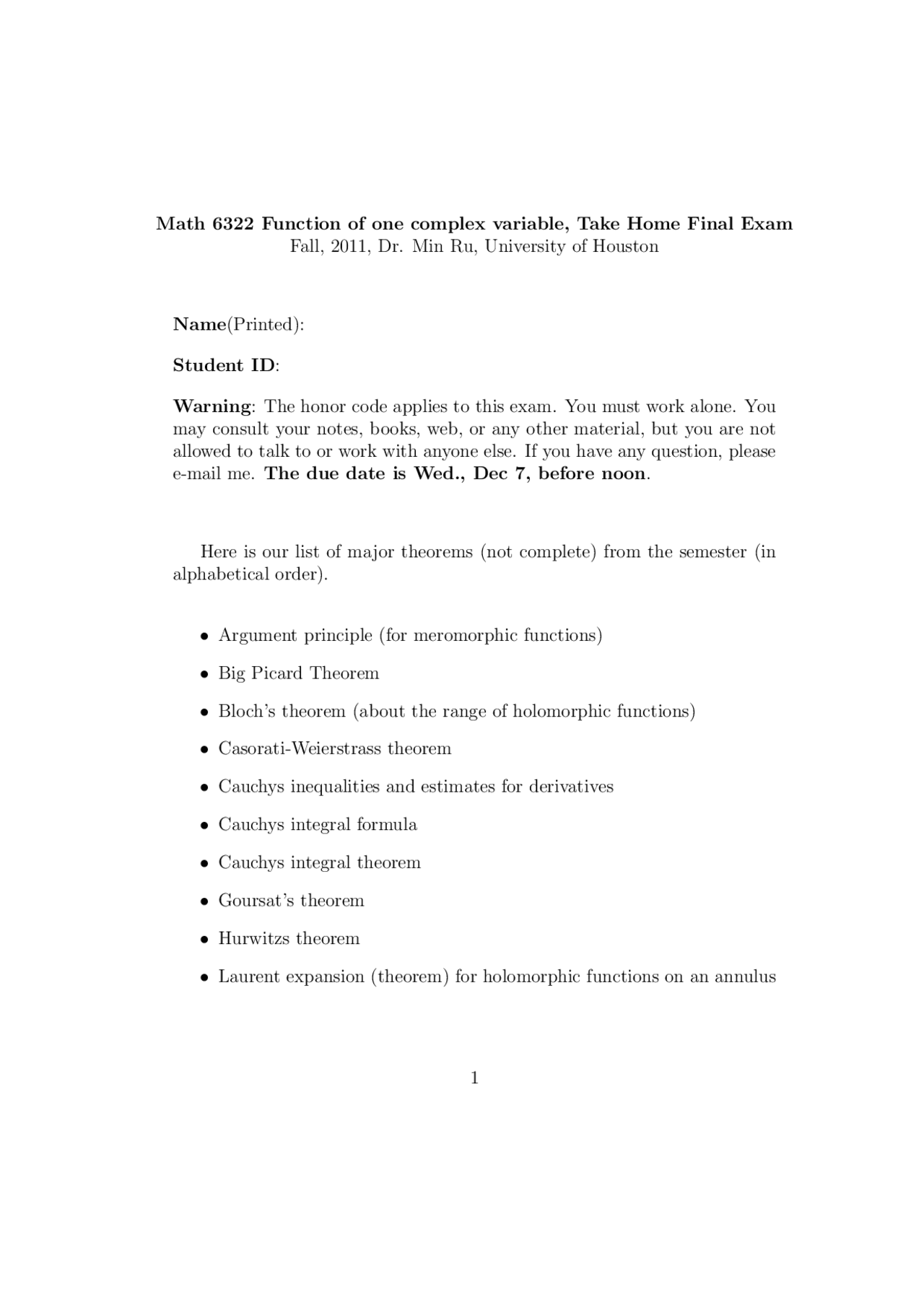 Math 6322 Function of One Complex Variable: Take-Home Final Exam Solutions | Exams Mathematics ...