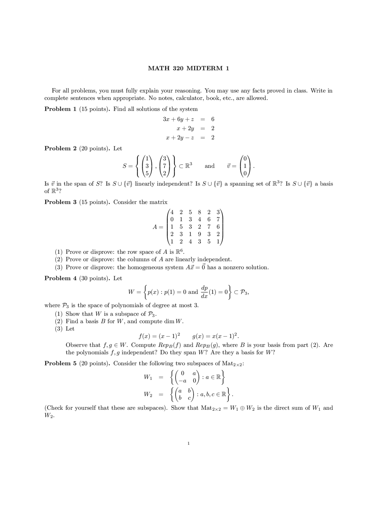Prove or Disprove - Linear Algebra - Exam - Docsity