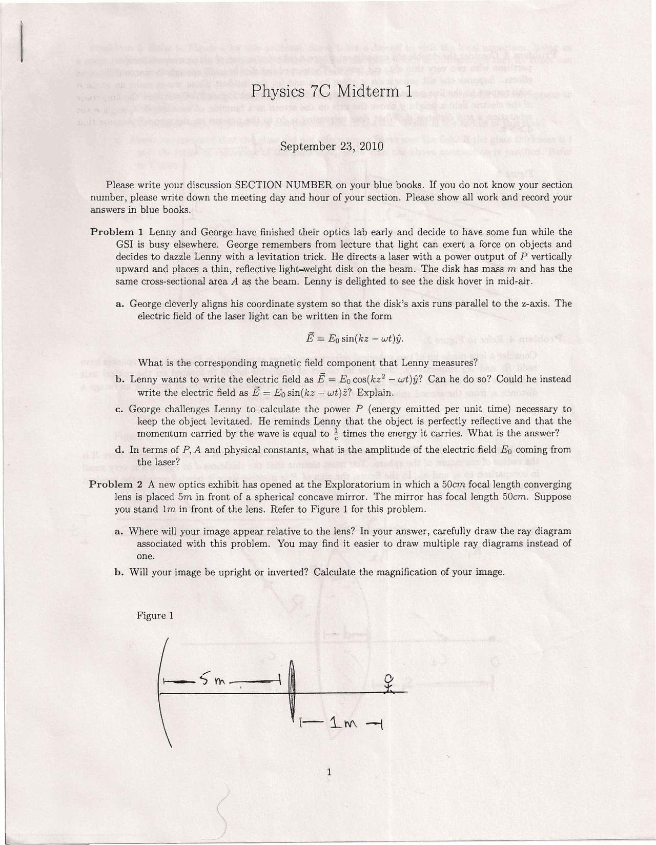 Physics Midterm Exam: Problems on Optics and Electric Fields | Exams Engineering Physics | Docsity