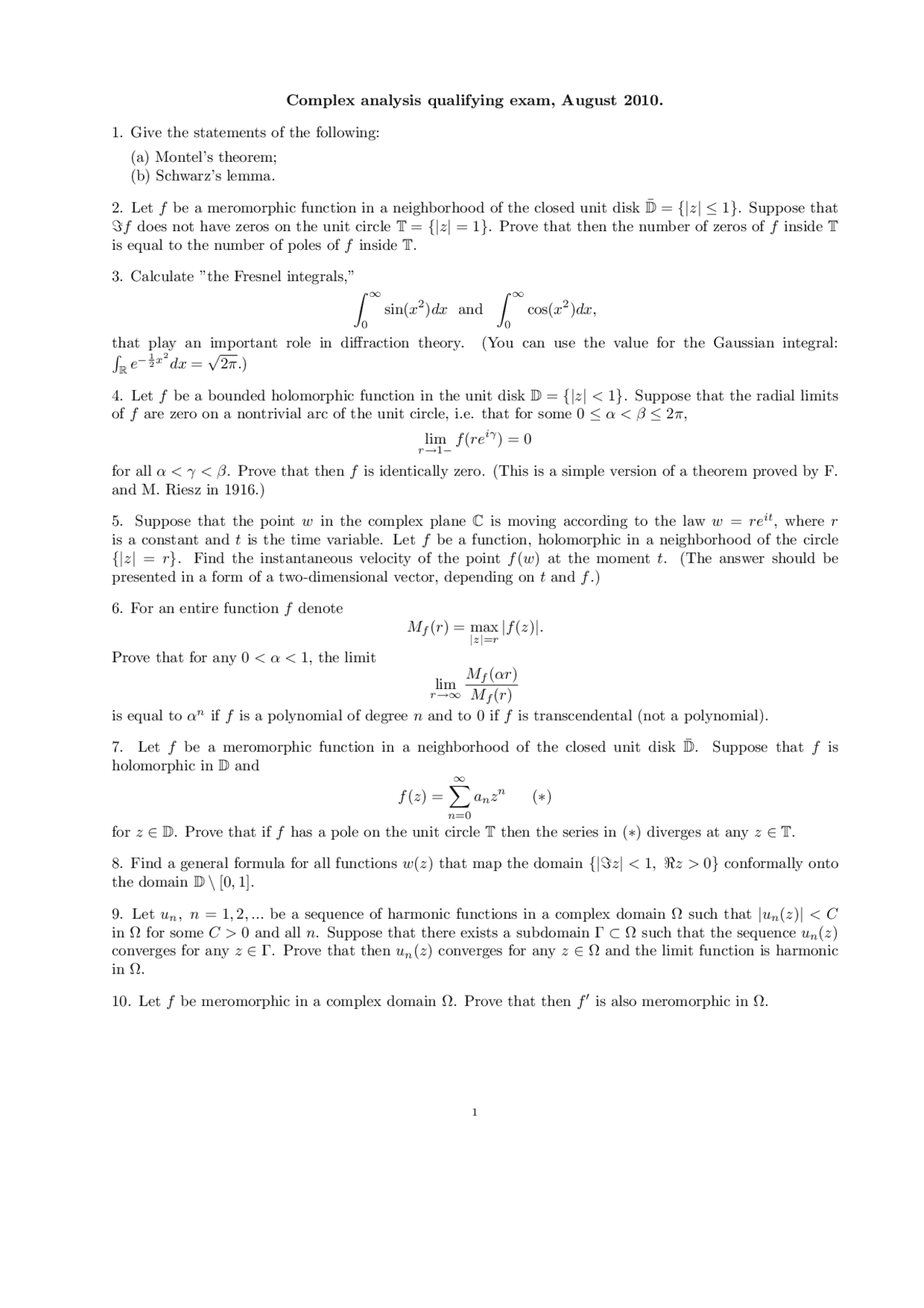 Schwarzs Lemma - Complex Analysis - Exam - Docsity