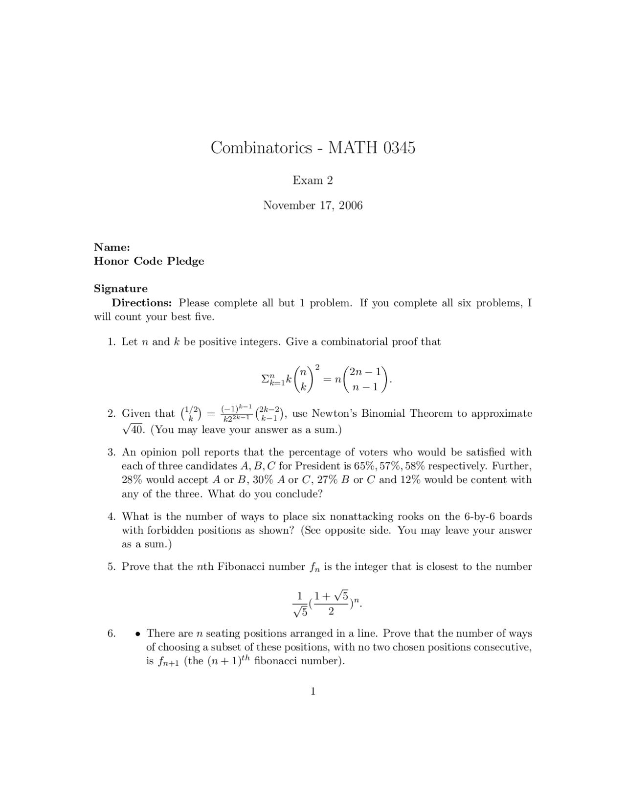 Positive Integers Combinatorics Exam Docsity