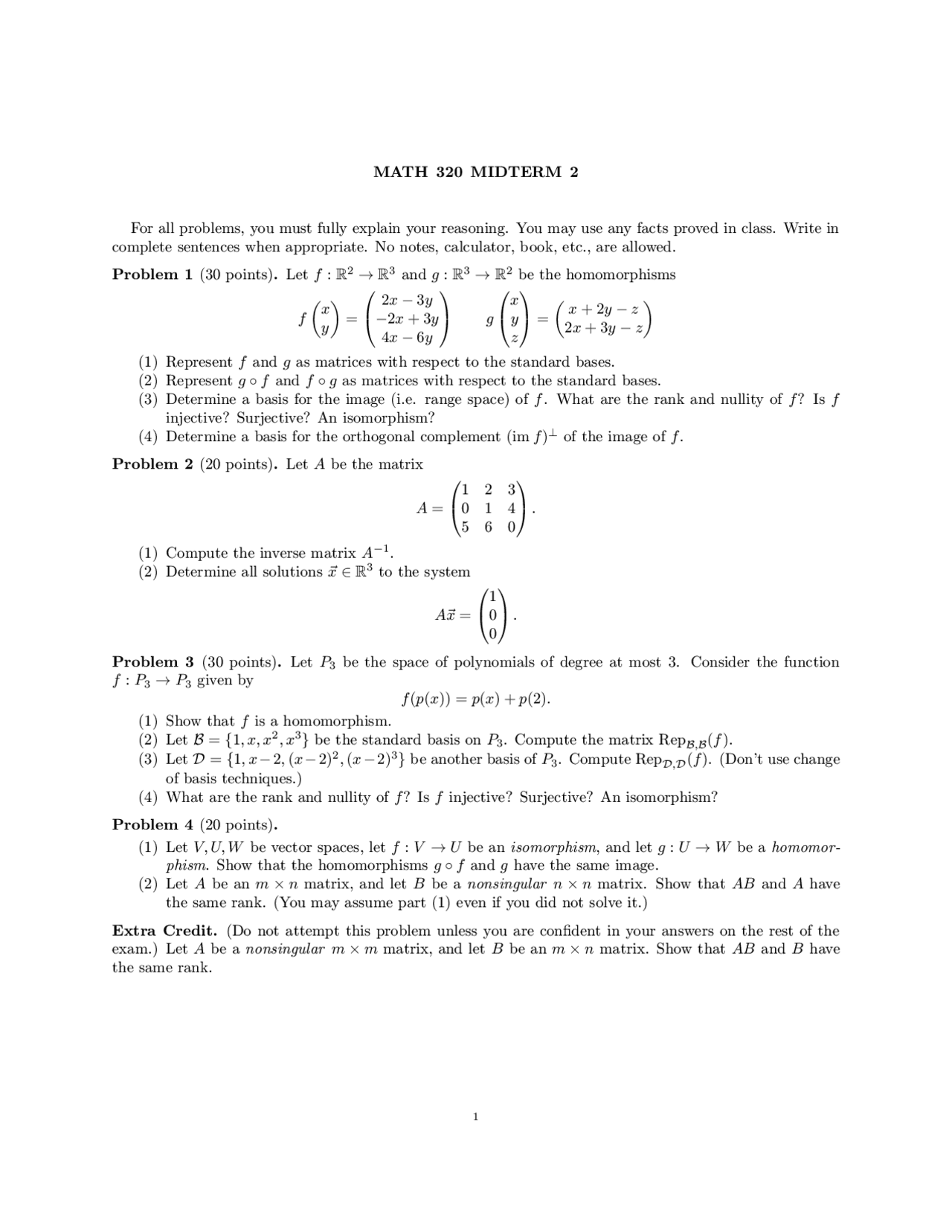 Represent - Linear Algebra - Exam - Docsity