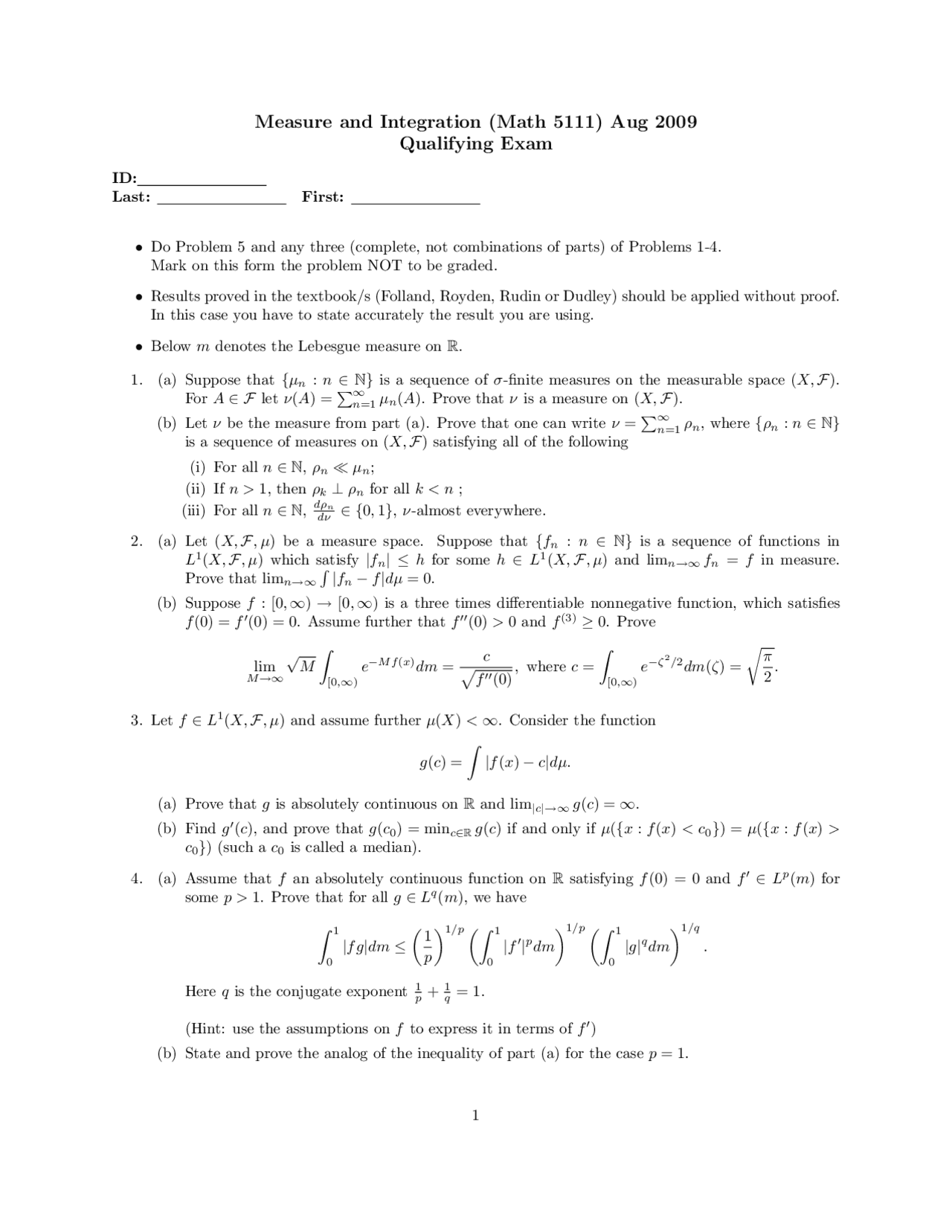 Combinations - Real Analysis - Exam - Docsity