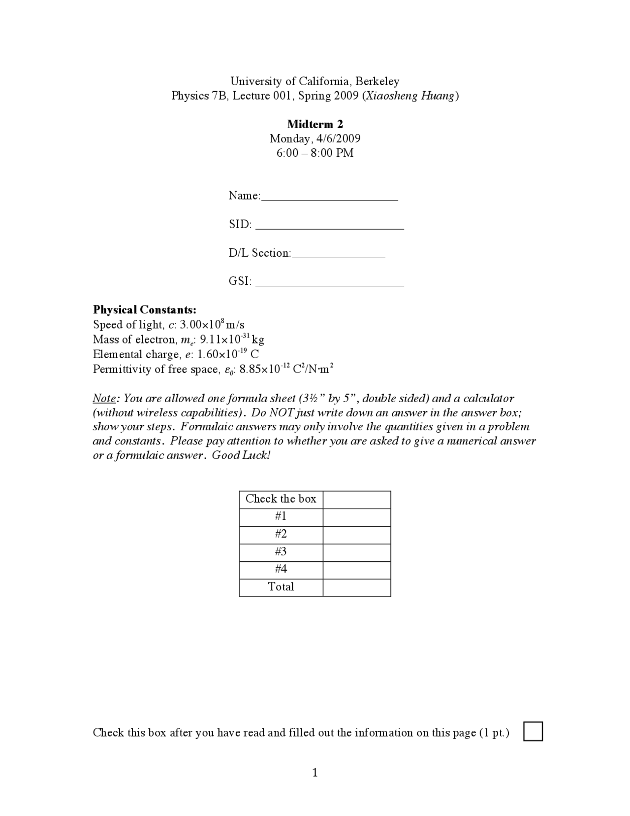 Symmetry Axis - Physics for Scientist and Engineers - Past Paper - Docsity