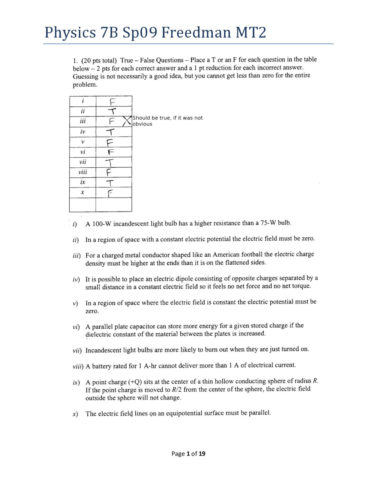 Constant Electric Potential - Physics for Scientist and Engineers - Solved Past Paper - Docsity