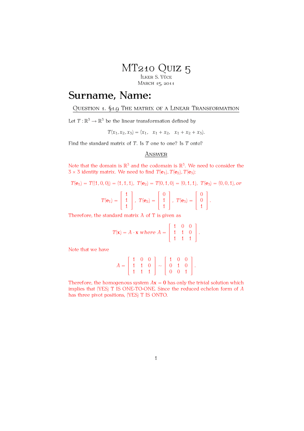 Standard Matrix Linear Algebra Solved Exam Docsity