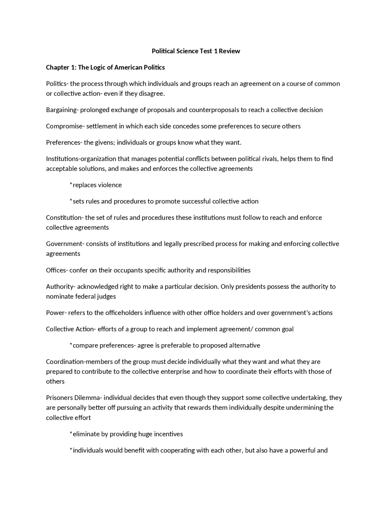 Political Science Test 1 Review - American Government | POLS 1101 - Docsity