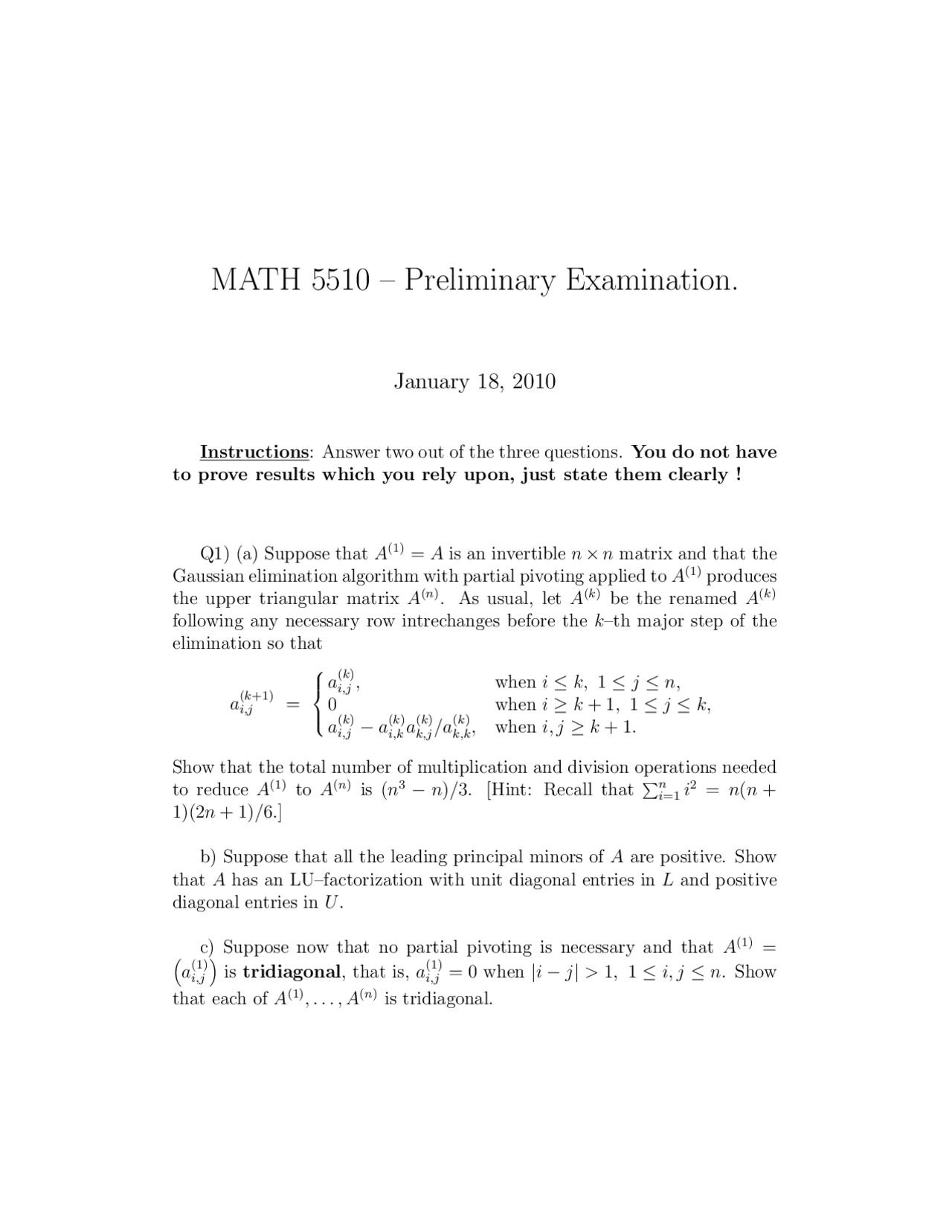 Gaussian Elimination Numerical Analysis Exam Docsity