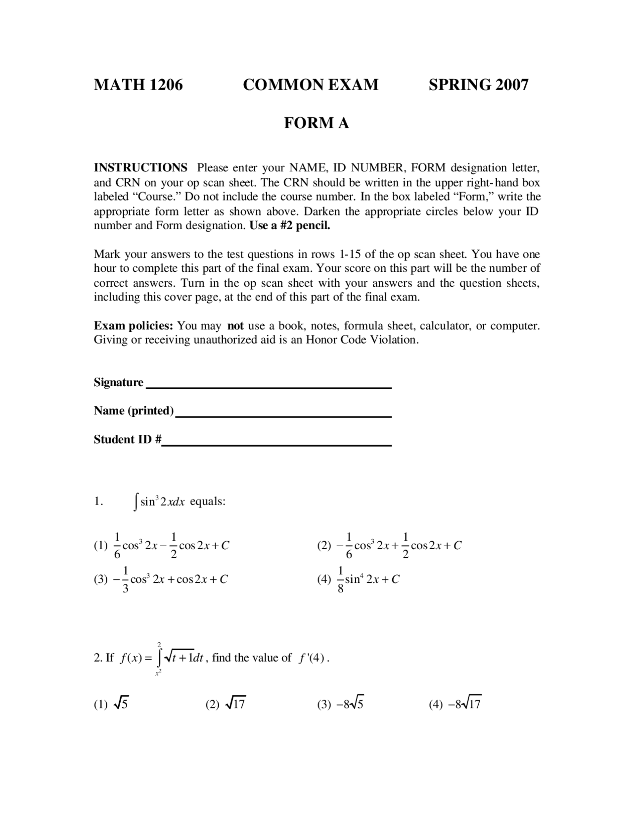 Moment Calculus Exam Docsity