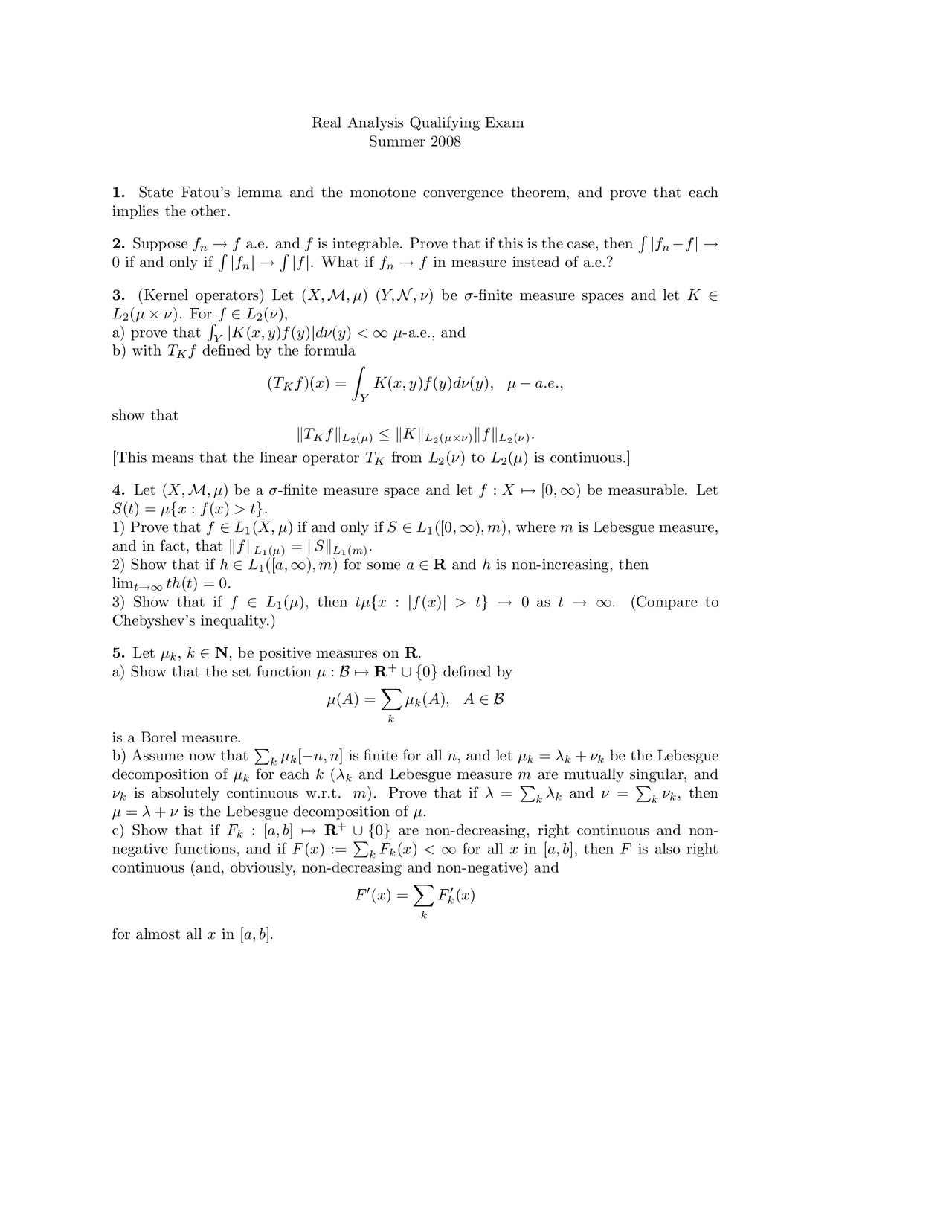 Integrable Real Analysis Exam Docsity