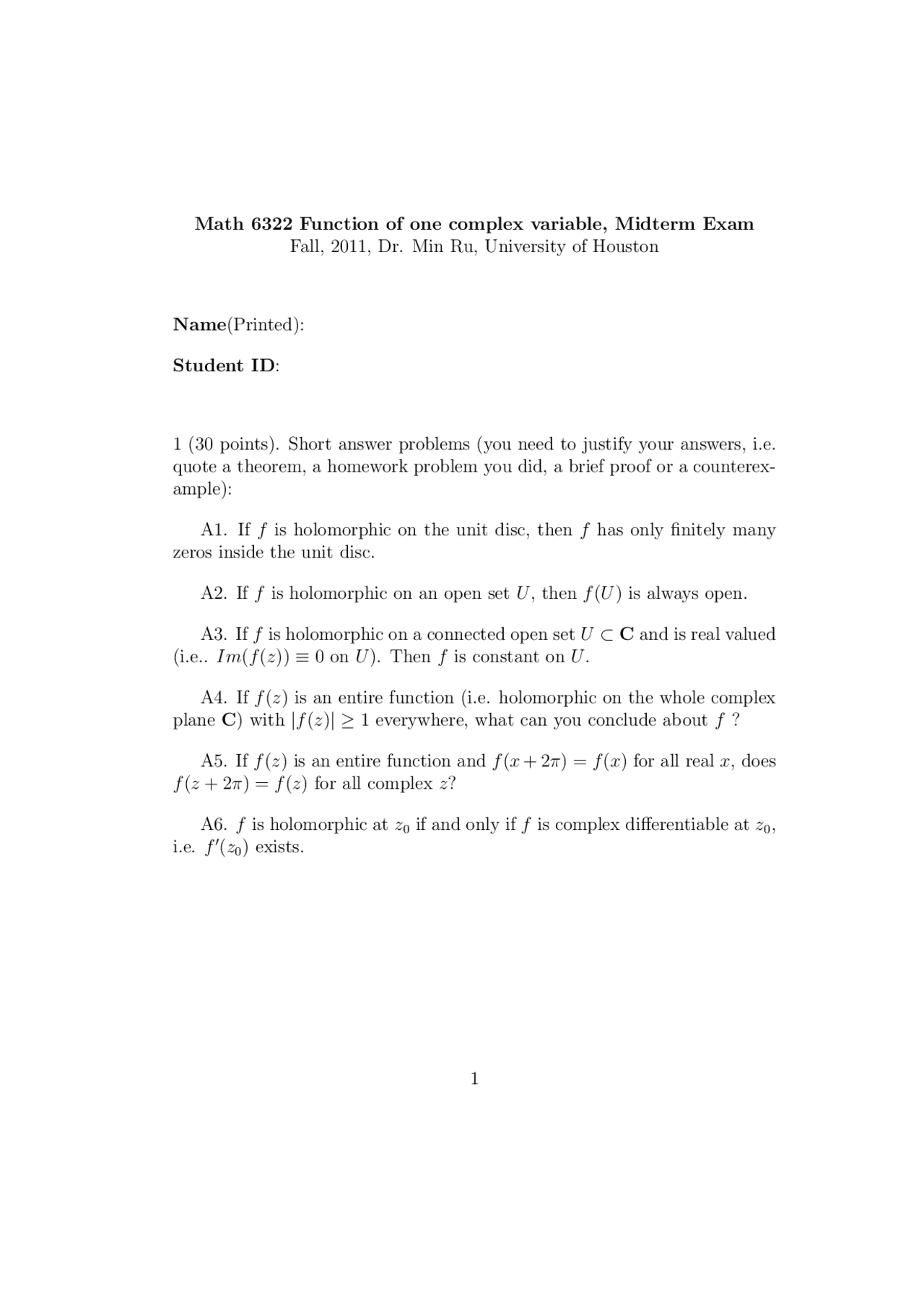 Math 6322 Midterm Exam: Function of One Complex Variable, Fall 2011 | Exams Mathematics | Docsity