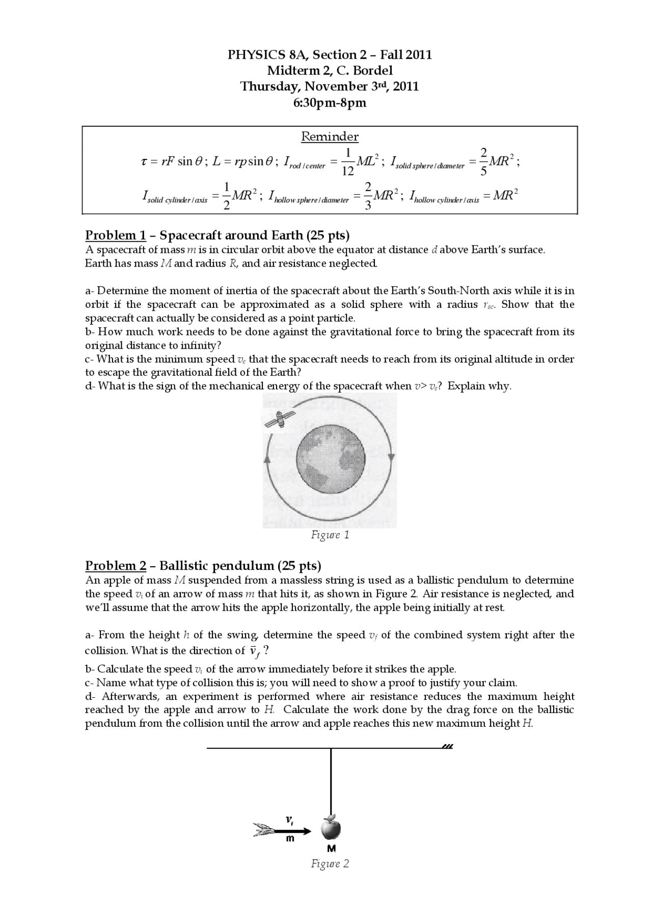 Spacecraft Around Earth Introductory Physics Exam Docsity