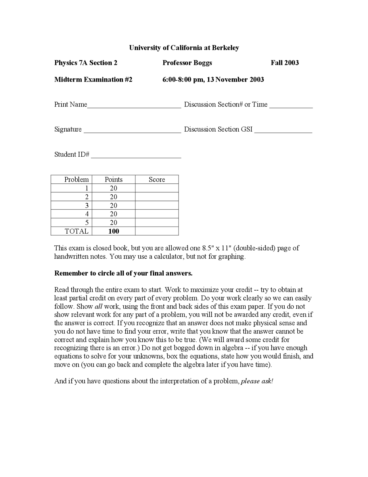 UC Berkeley Physics 7A Midterm Exam 2 - Fall 2003 | Exams Engineering ...