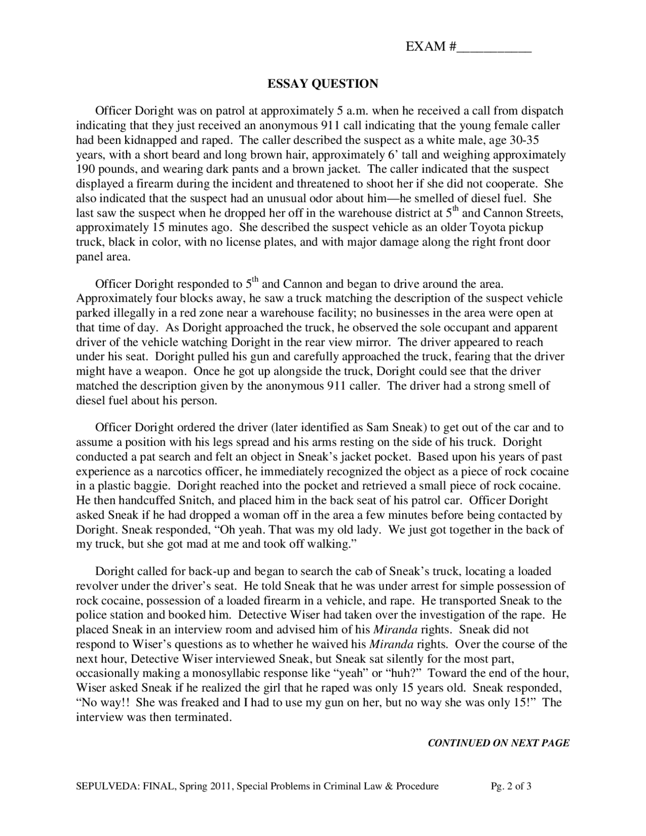 Statement to Detective Wiser - Criminal Procedure - Exam - Docsity