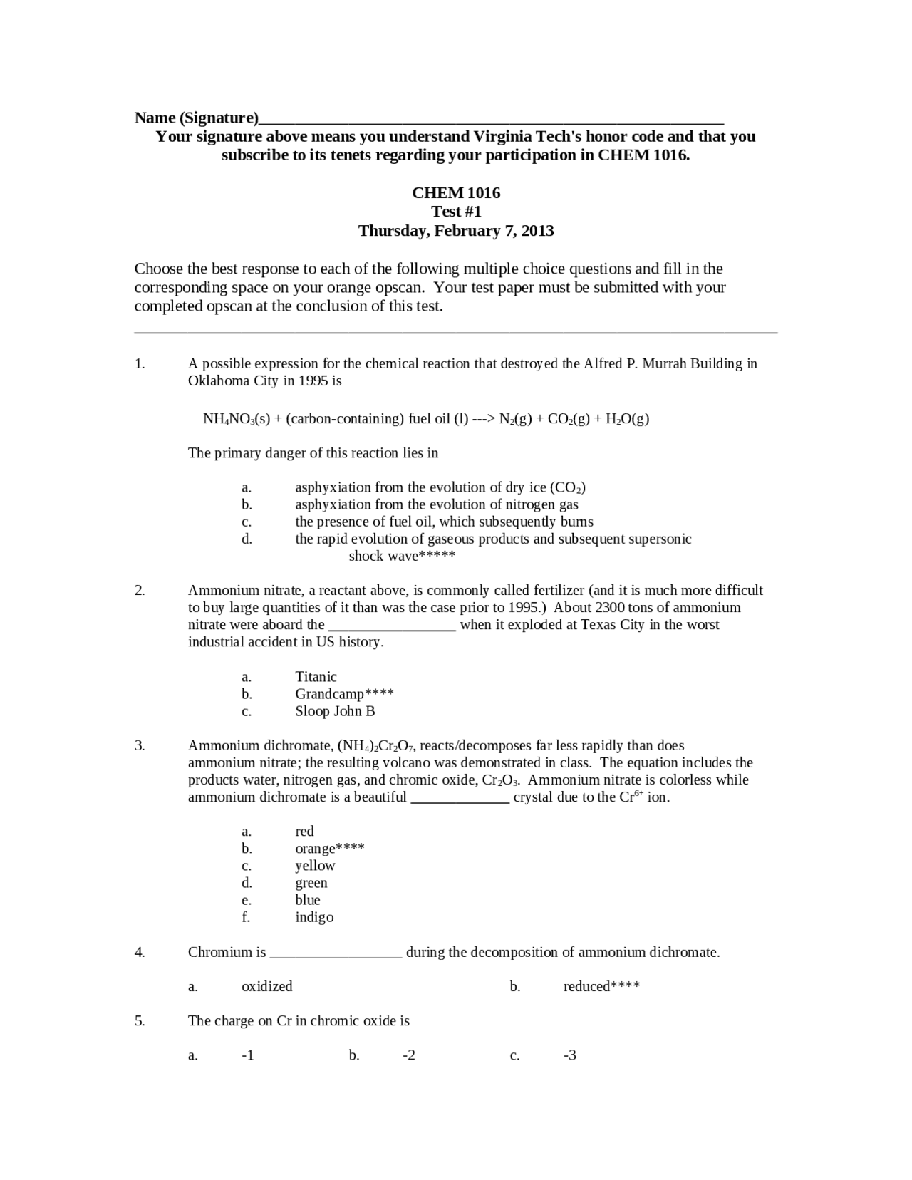 Test 1 With Answer Key Introduction To Chemistry Chem 1016 Docsity