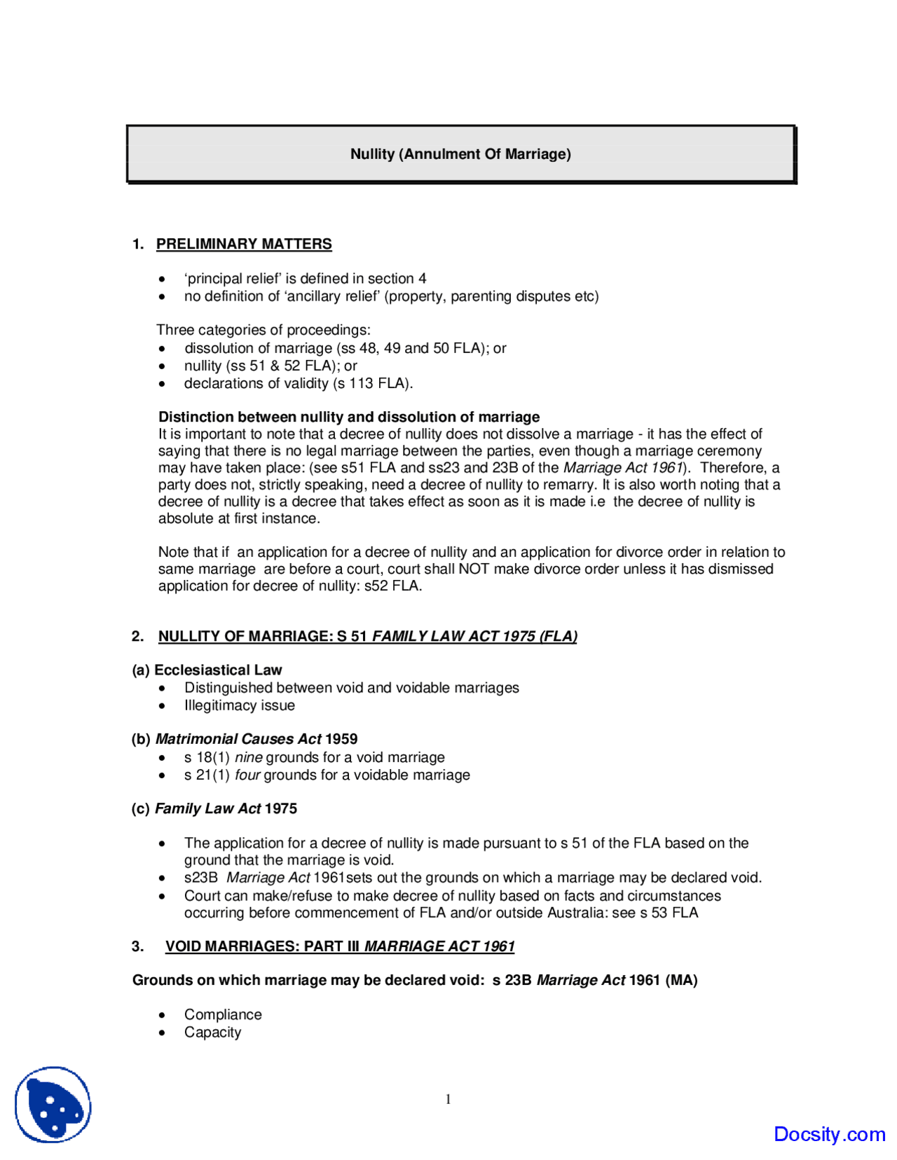 Nullity - Family Law - Lecture Notes | Study notes Family Law | Docsity