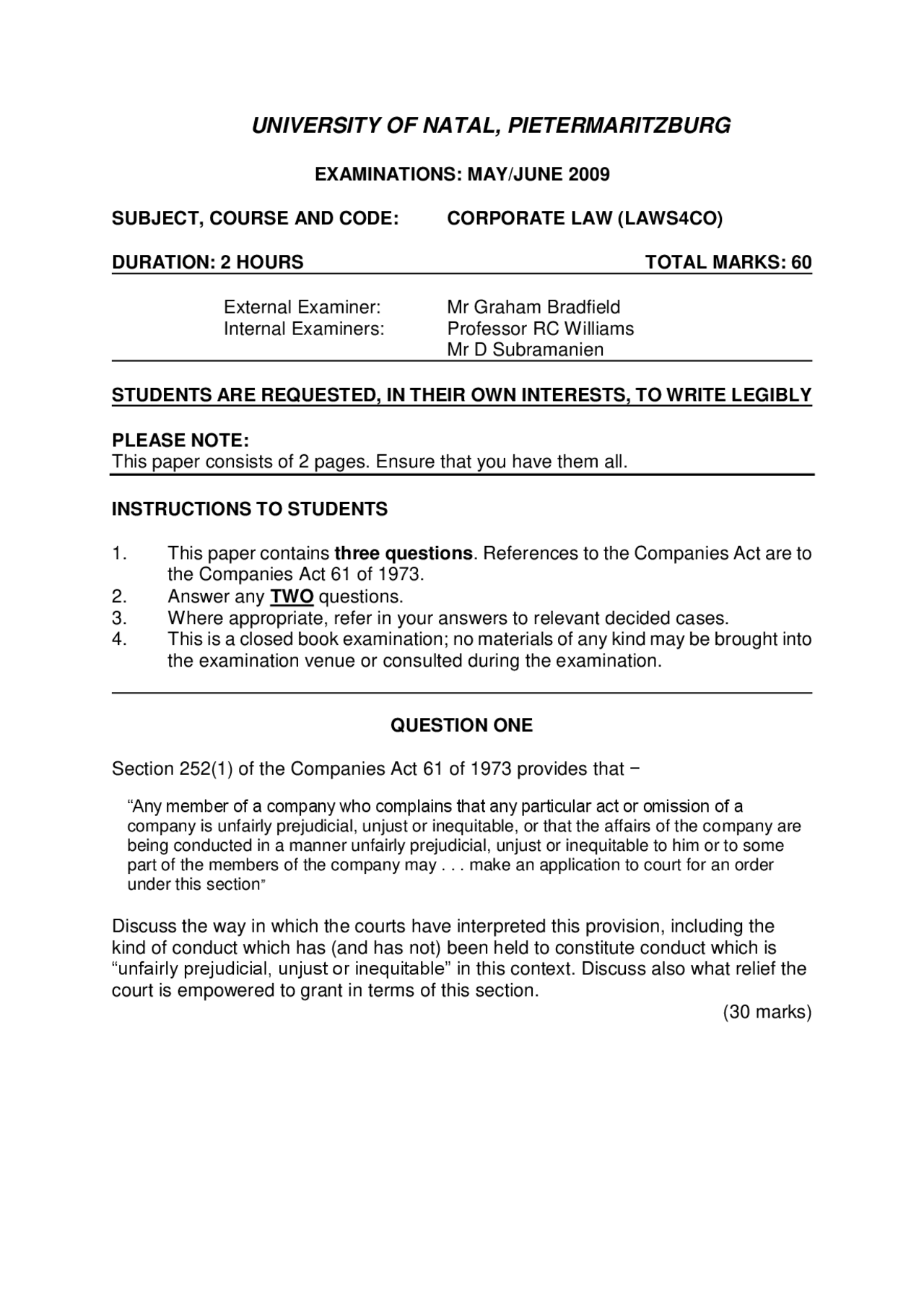 Omission of Company - Corporate Law - Past Paper - Docsity