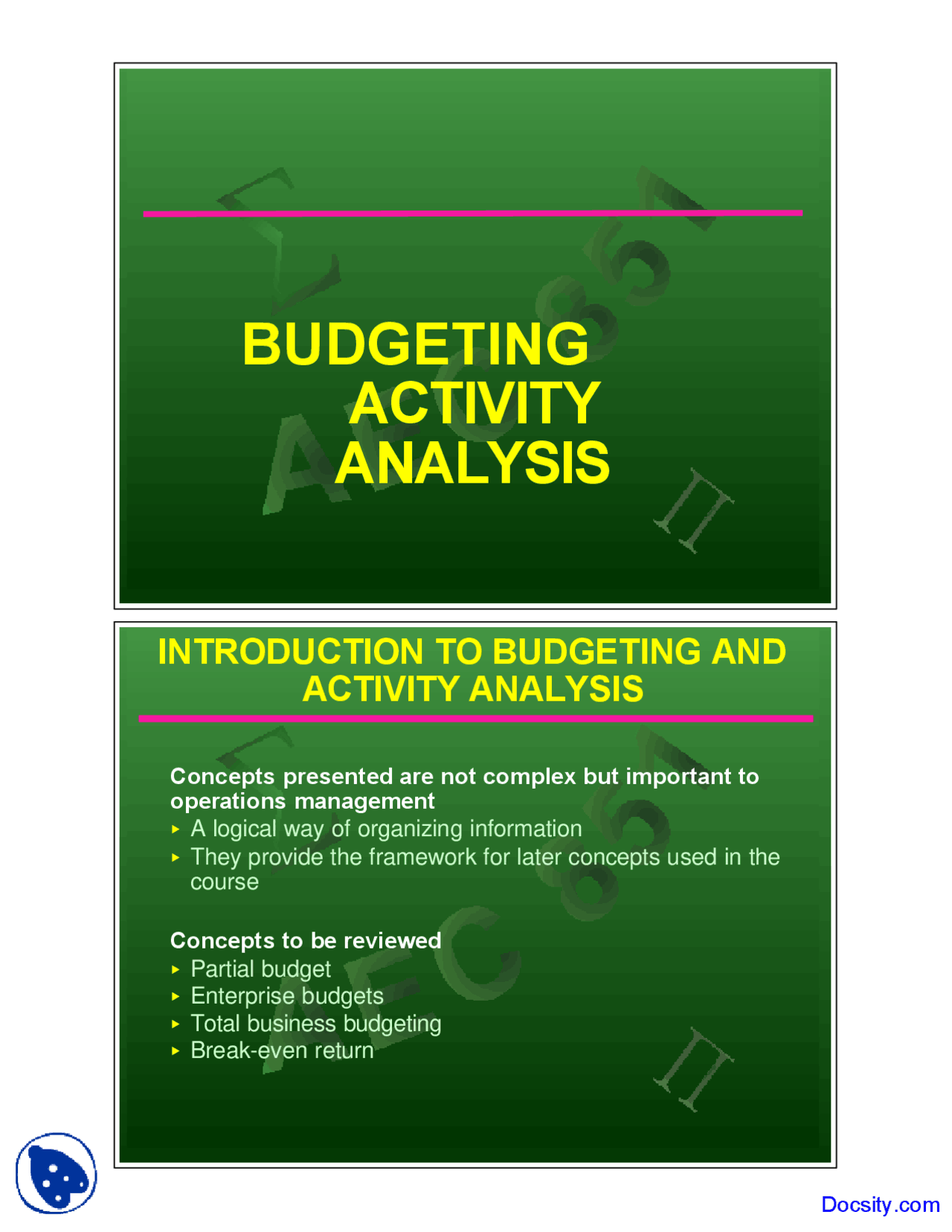Budgeting Activity Analysis - Agribusiness Operations Management - Lecture Slides - Docsity