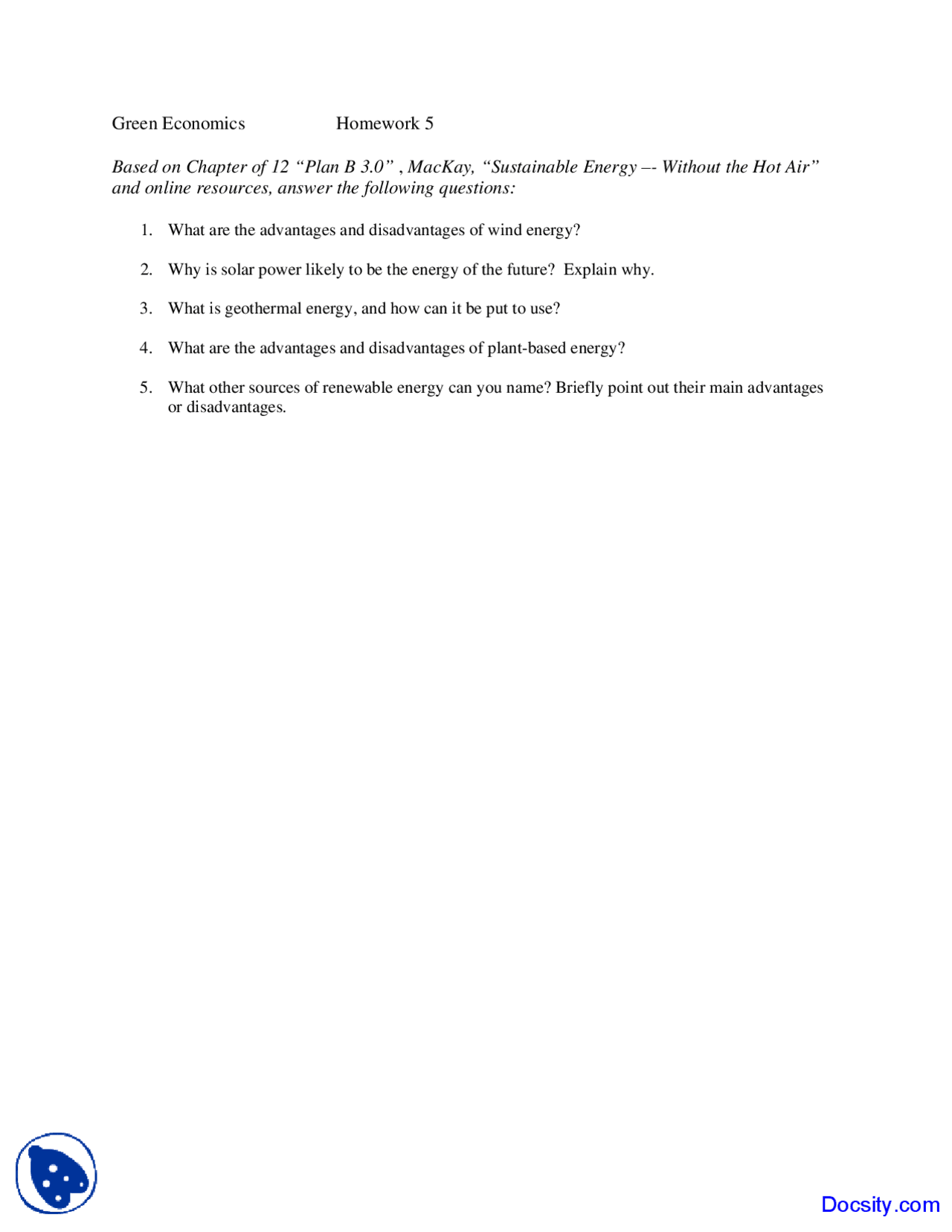 Sustainable Energy - Green Economics - Homework - Docsity