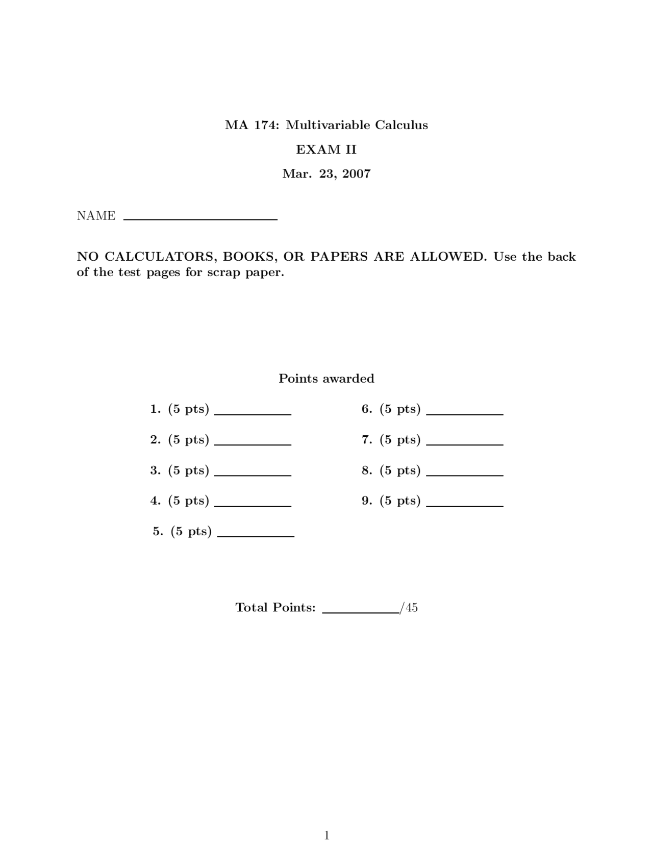 Function Multivariable Calculus Exam Docsity