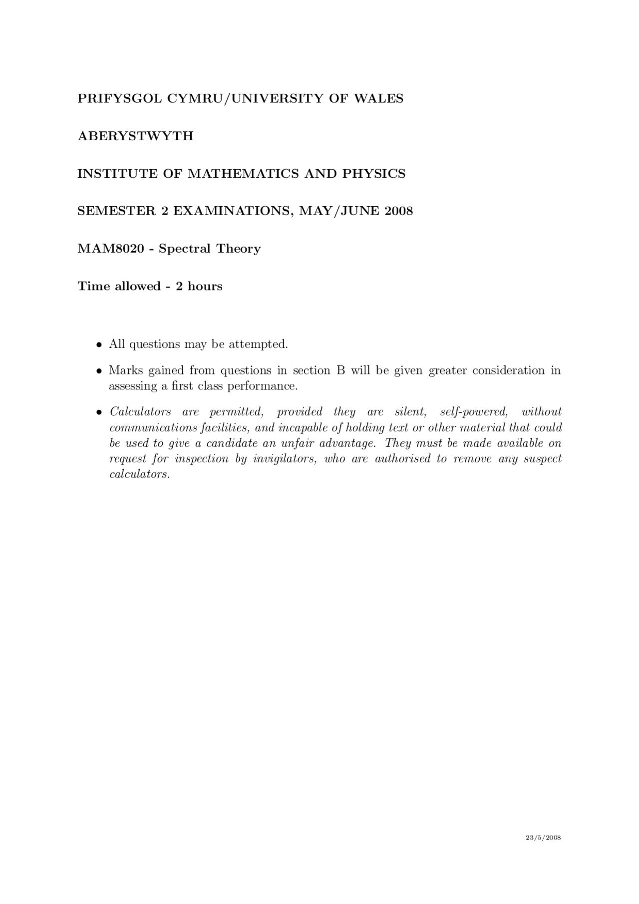 Interval Spectral Theory Exam Docsity