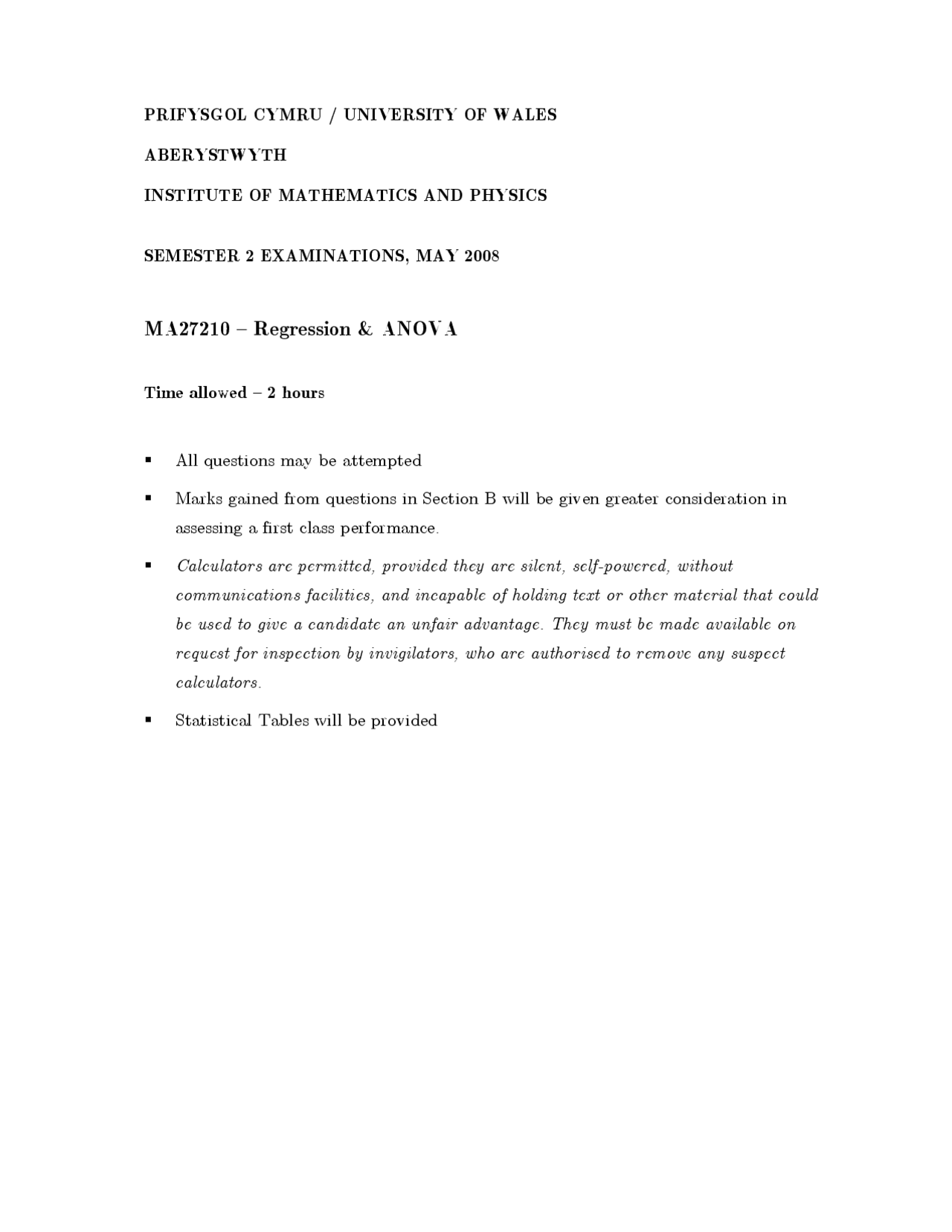 Random Variables Regression And Anova Exam Docsity