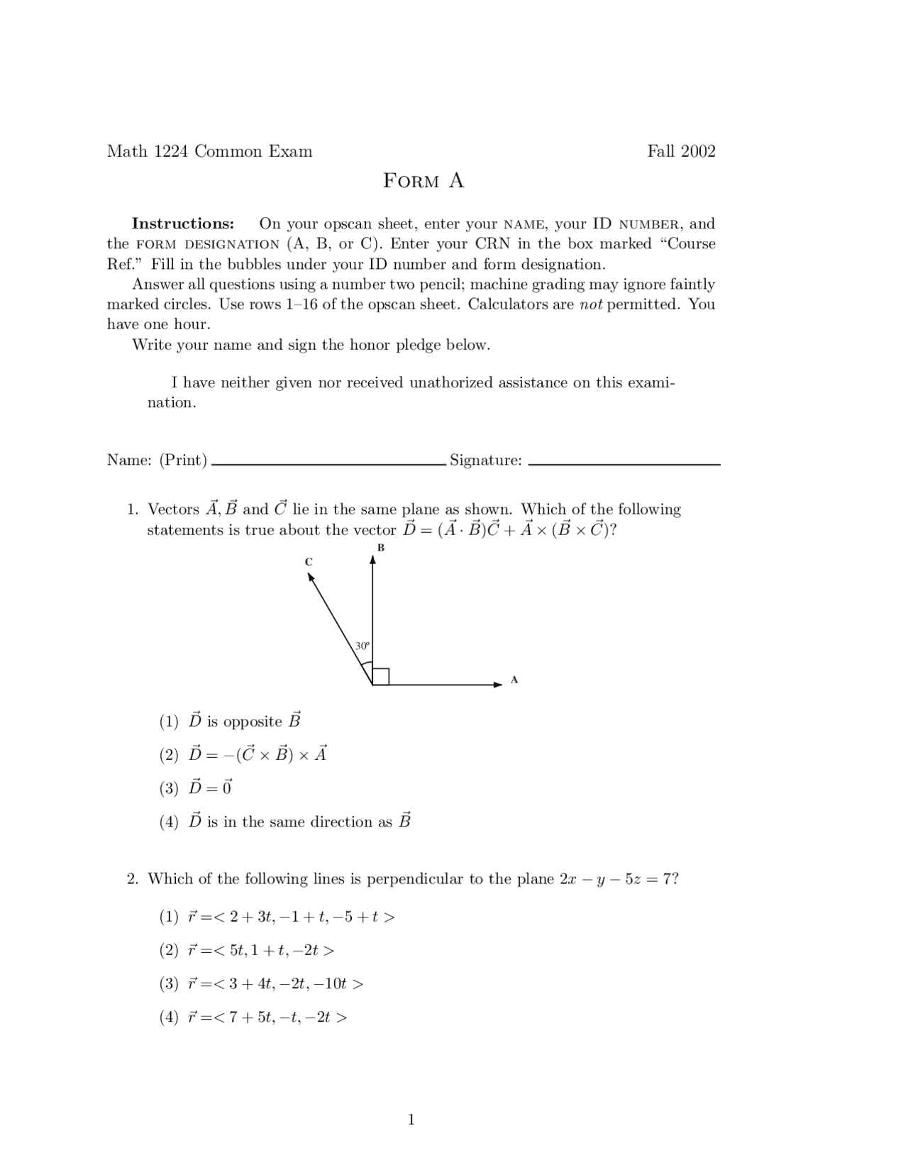 Statements Vector Geometry Exam Docsity