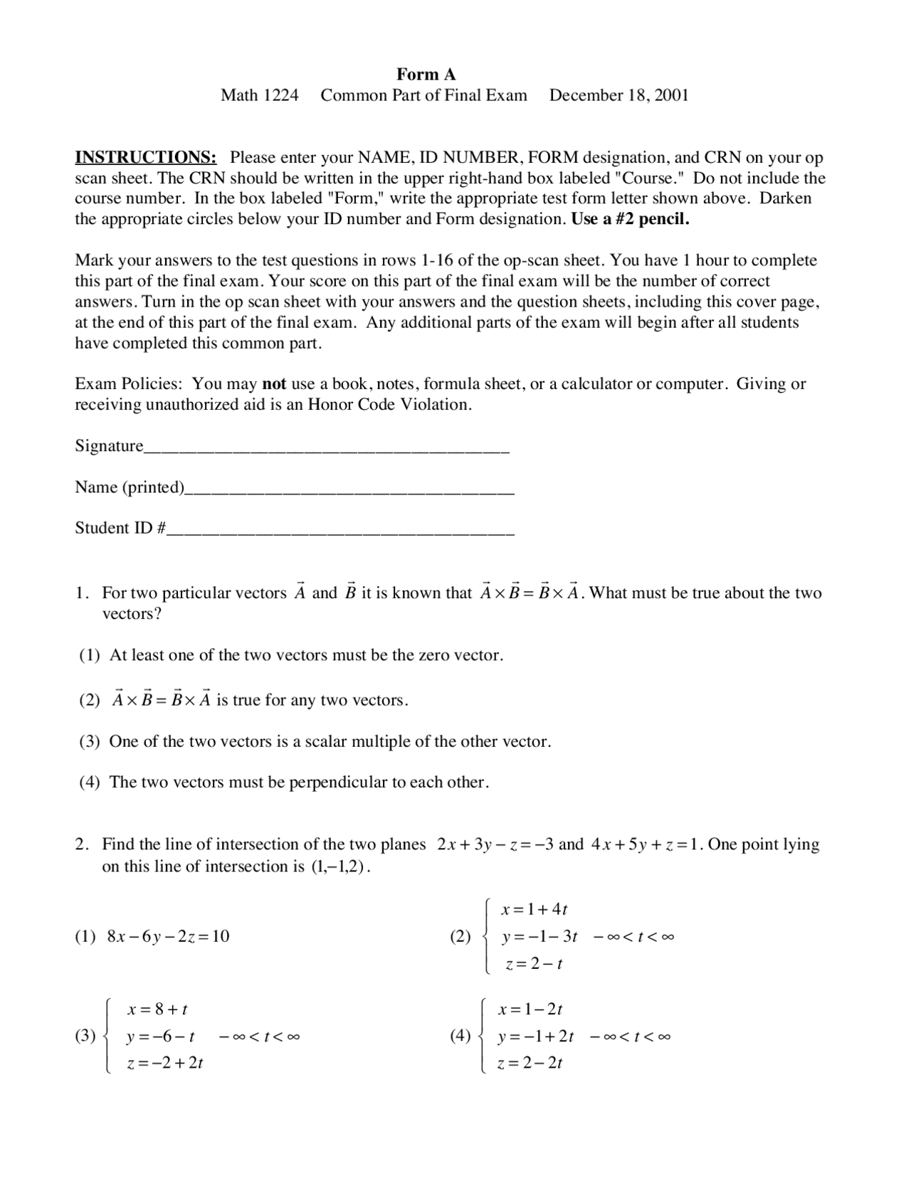 Two Vectors Vector Geometry Exam Docsity