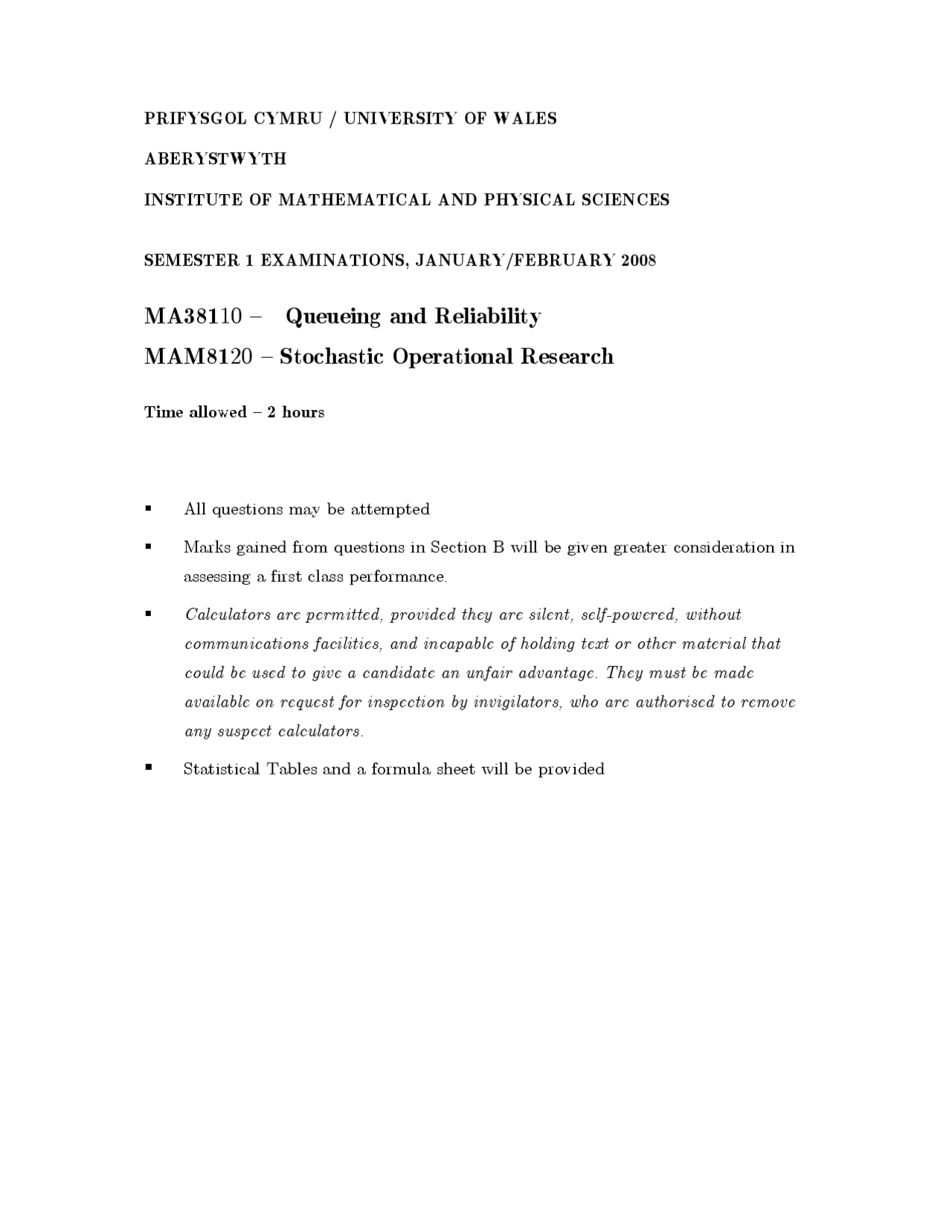 Generalized Markovian Queues - Stochastic Operational Research - Exam - Docsity